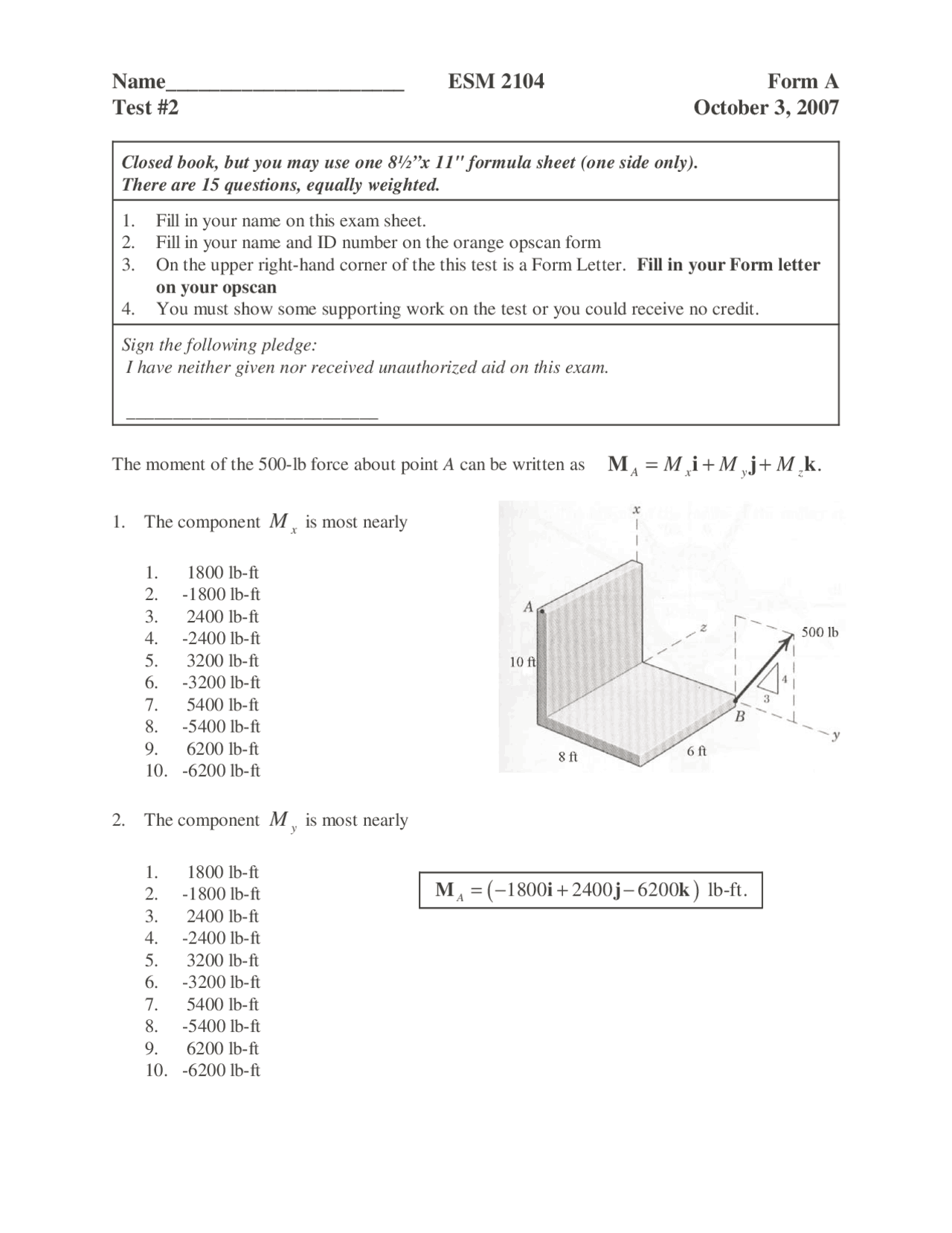 Test 2 With Answers Form A Statics Fall 2007 Esm 2104 Docsity