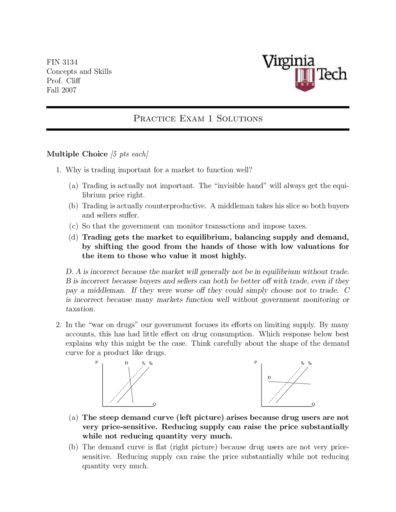 Practice Exam I Solutions Financial Analytics Fin 3134 Docsity