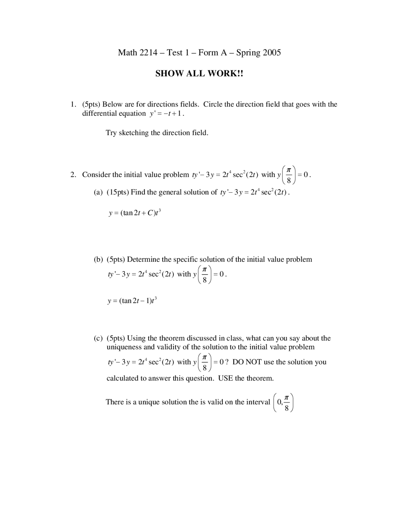 Test 1 With Solutions For Introduction Differential Equations Math
