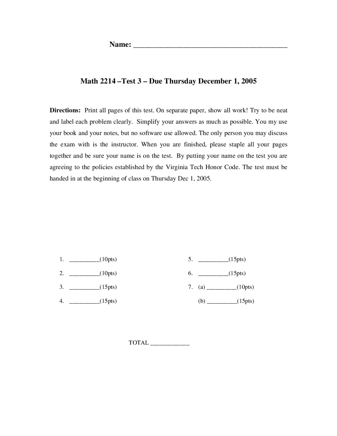 Virginia Tech Math 2214 - Test 3 - Prof. E. Bonawitz | Exams ...