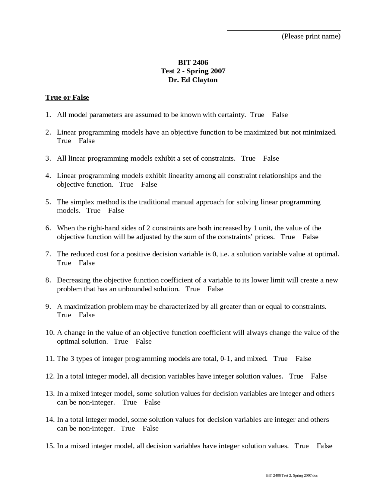 Practice Test 2 Quantitative Methods Bit 2406 Exams Introduction