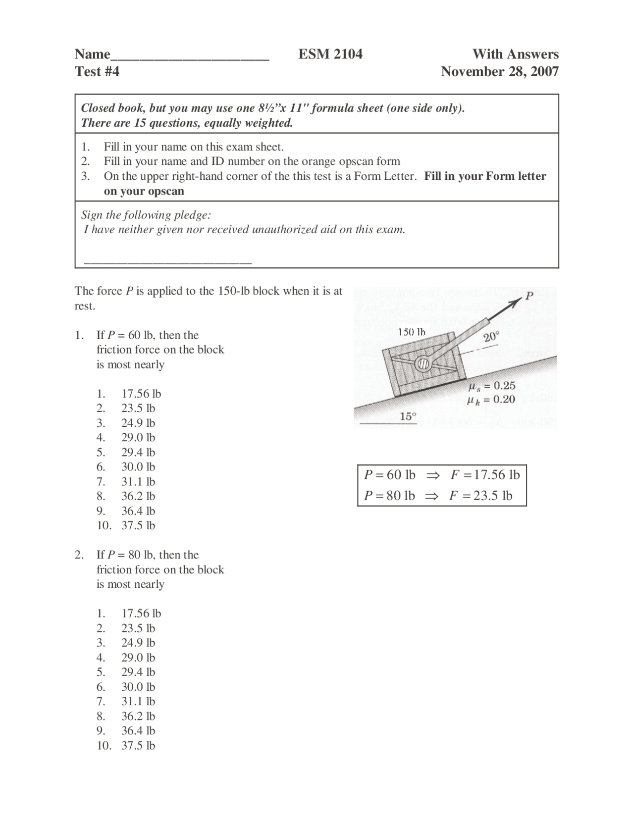 Exam 4 With Answers For Statistics Esm 2104 Docsity