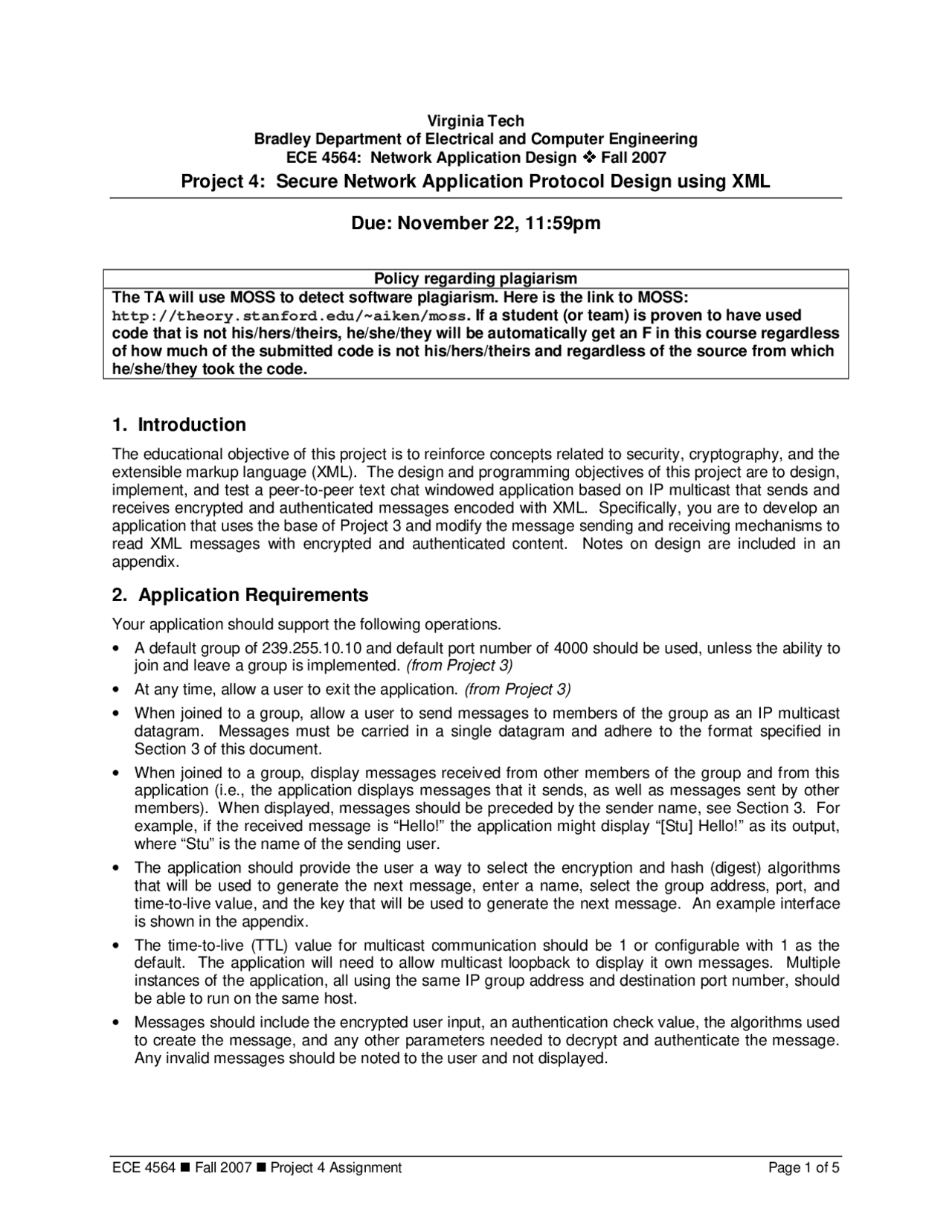 Secure Network Application Protocol Design using XML - Project #4 | ECE 4564 - Docsity