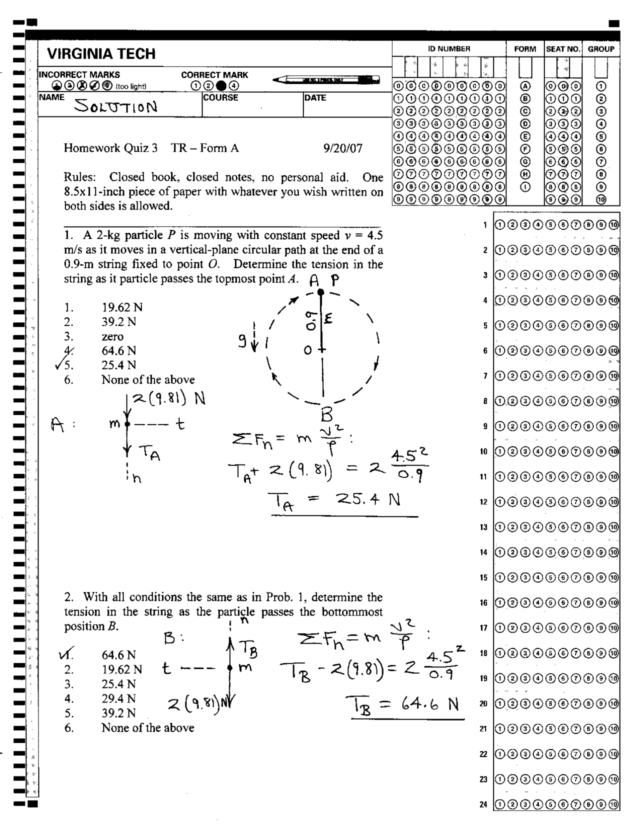 Determine Tension in String Quiz with Answers, Dynamics | ESM 2304 ...