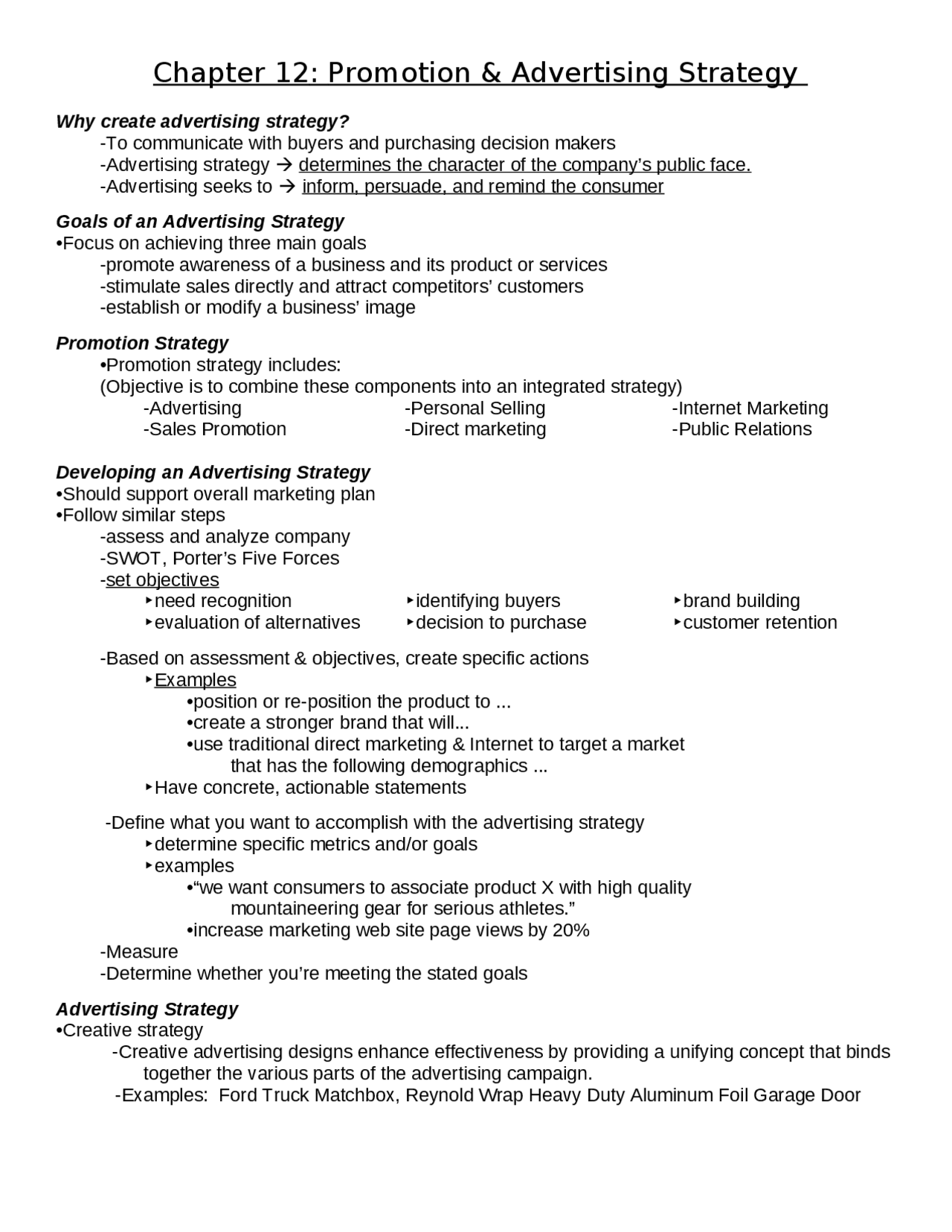 Chap 12:Promotion and Advertising Strategy - Handout | MKTG 4754 - Docsity