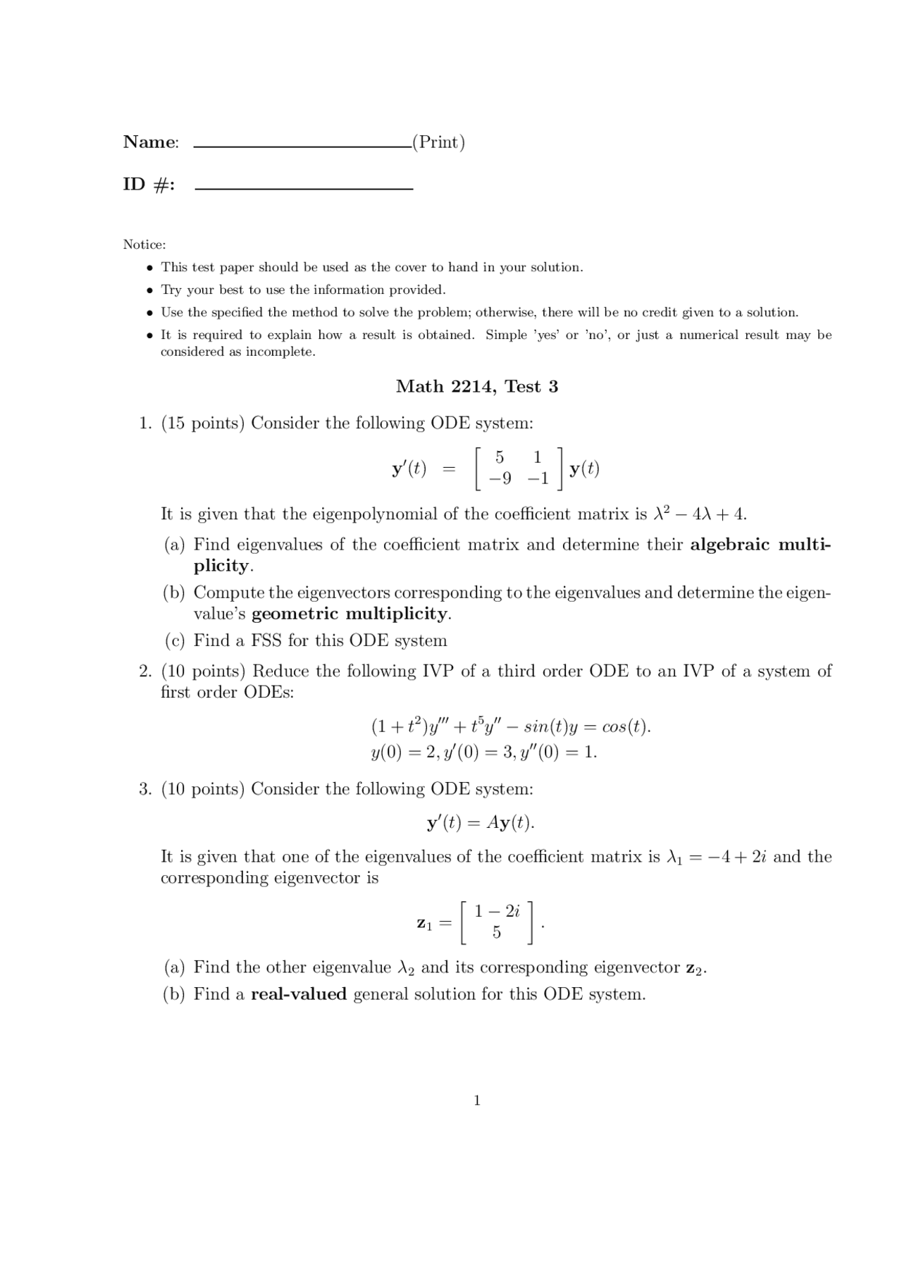 Questions For Exam 3 Introduction Differential Equations Math 2214