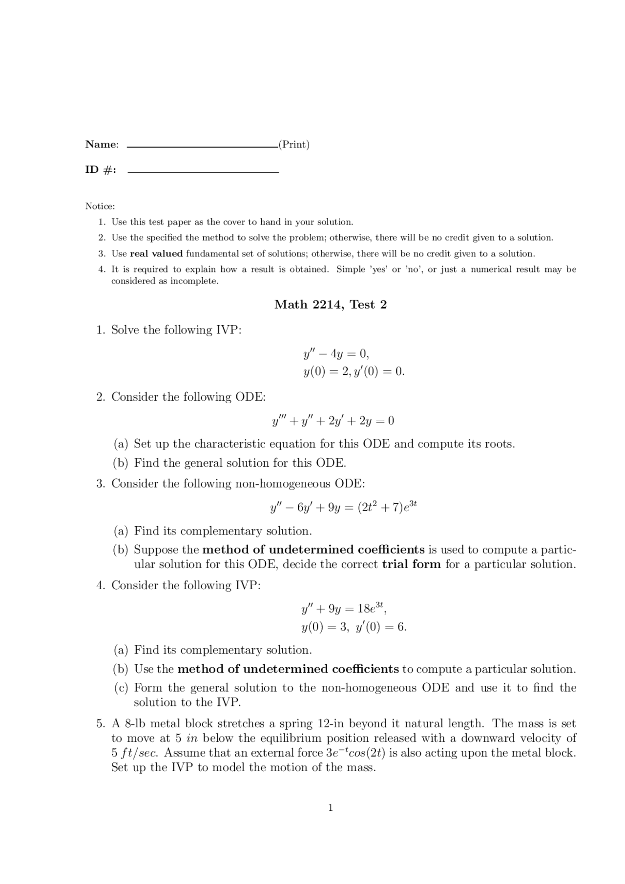 Test 2 Questions for Introduction to Differential Equations | MATH 2214 ...