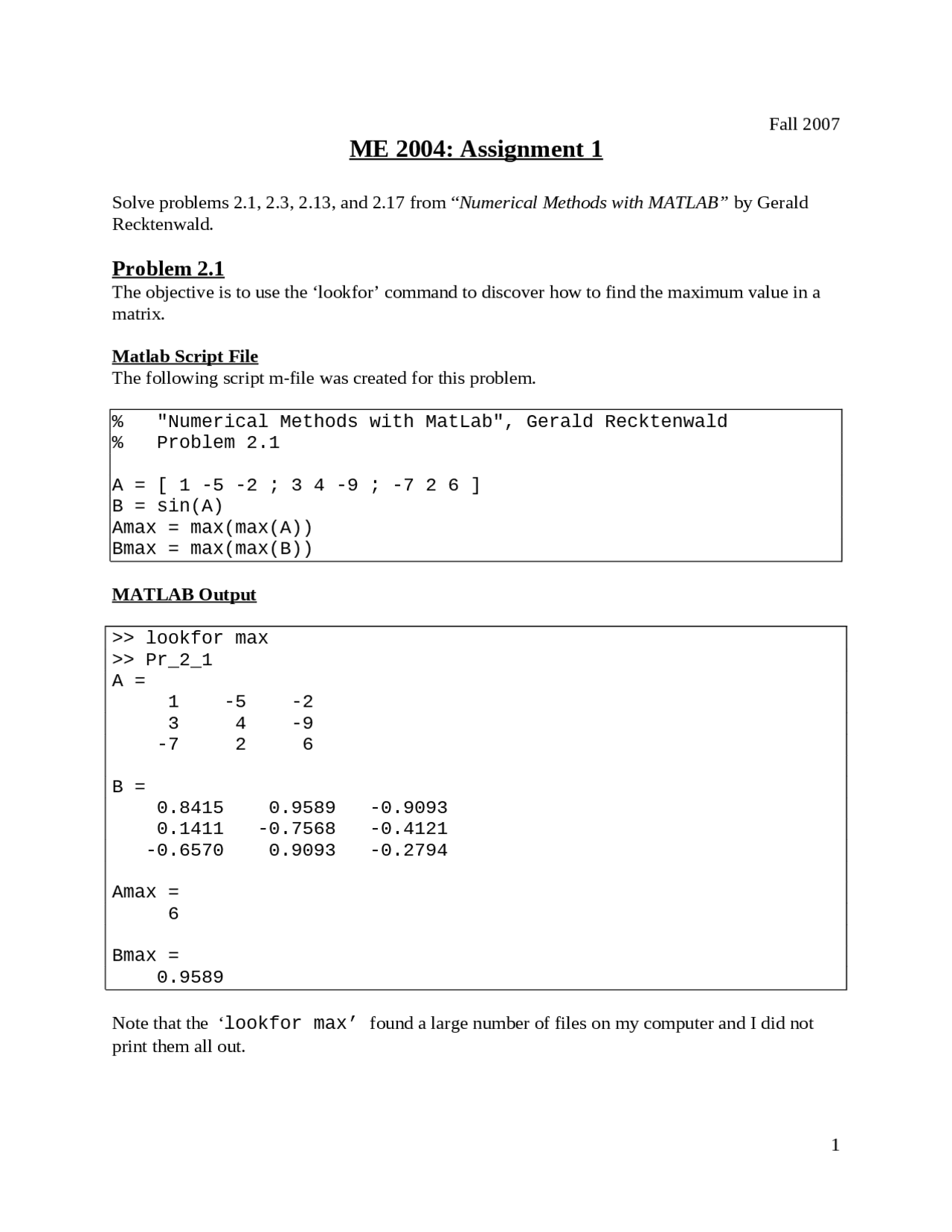 Engineering Analysis Numerical Methods Homework 1 Solution Me 2004