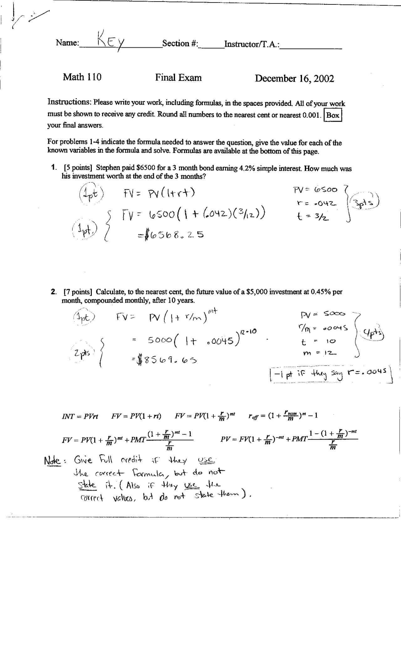 Final Exam With Solution Key Elementary Mathematics Models Math 110