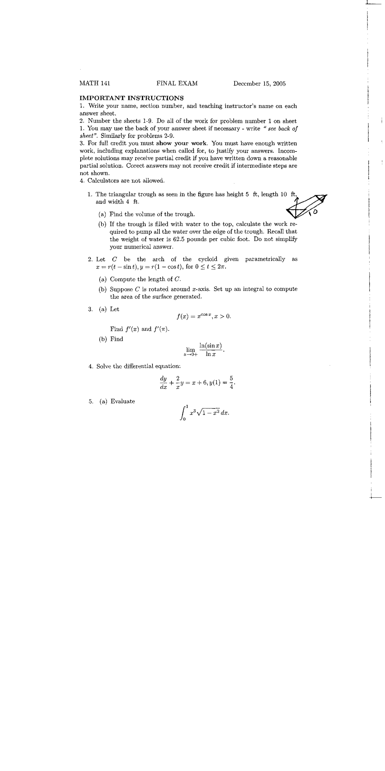 Exam 4 Questions on Calculus II - Fall 2005 | MATH 141 - Docsity