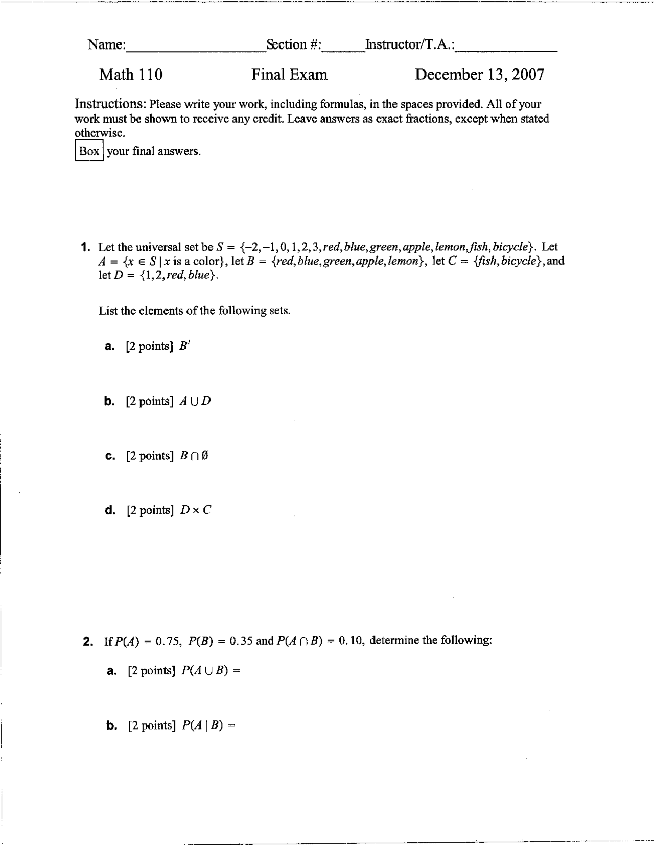 Elementary Mathematical Models Final Exam With Solution Math 110