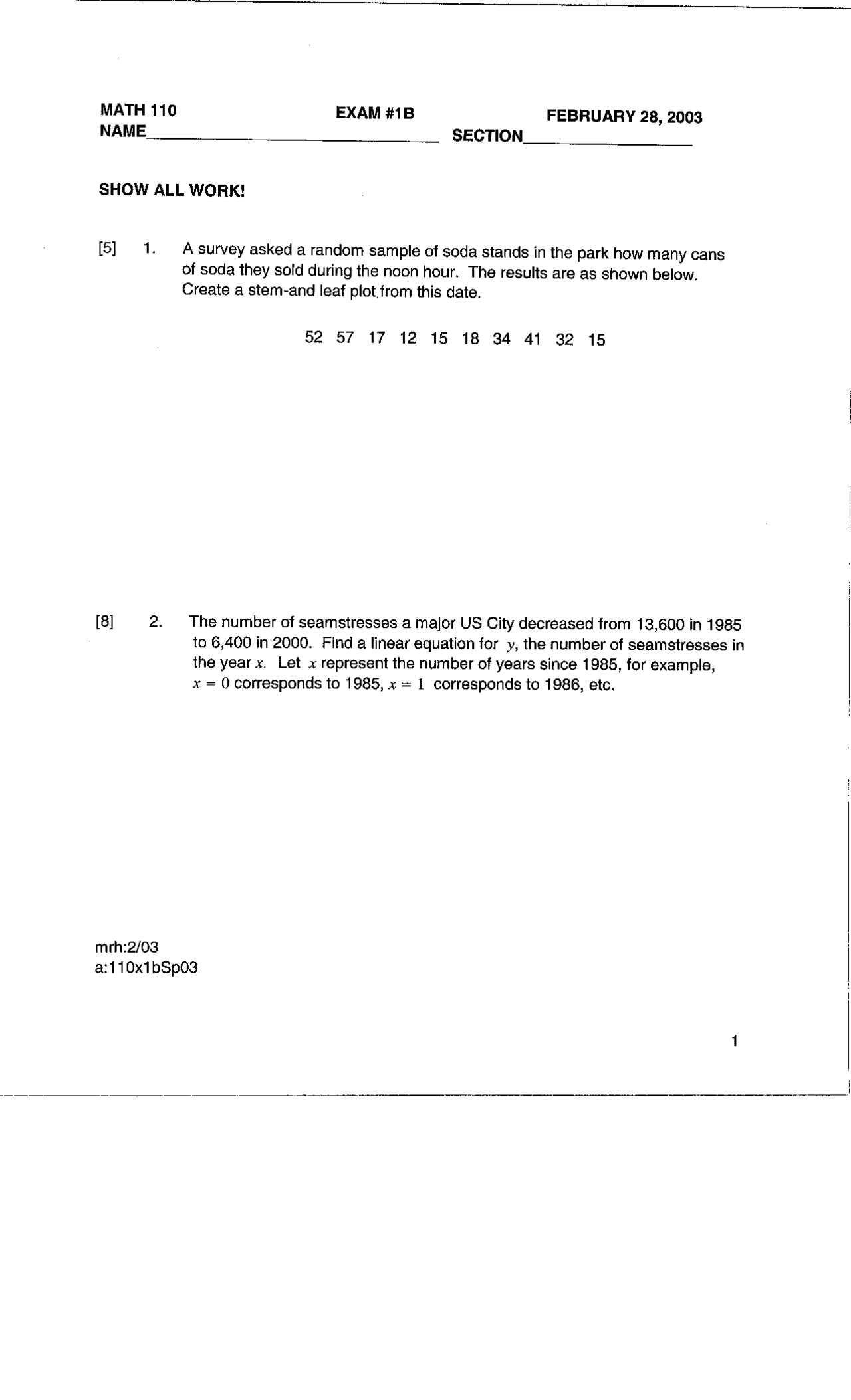 Exam 1 B Elementary Mathematics Models Math 110 Docsity