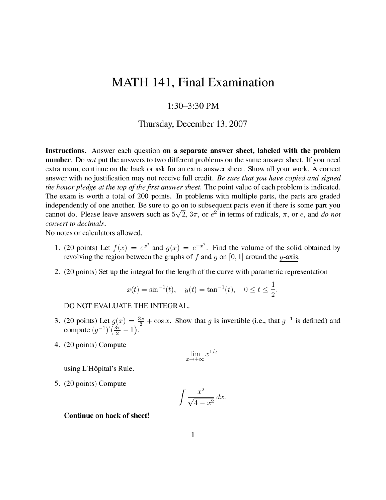 MATH 141 Final Examination: December 13, 2007 | Exams Calculus | Docsity