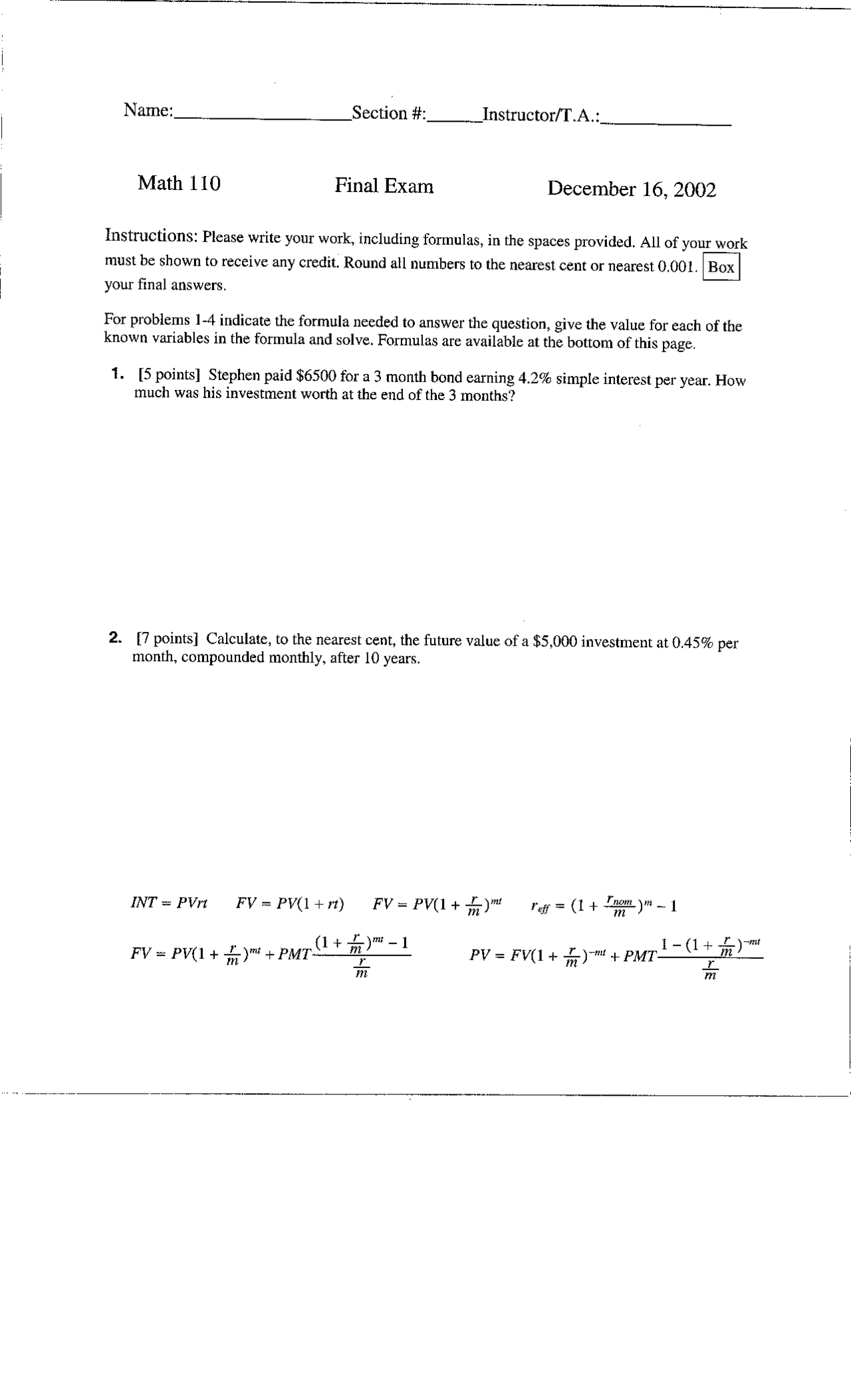 Final Exam Elementary Mathematics Models Fall 2002 Math 110 Docsity