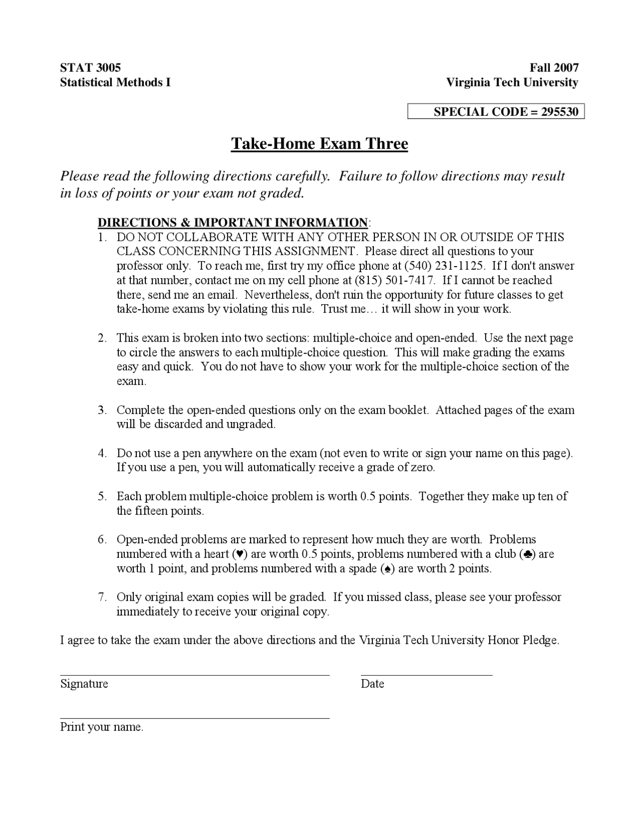 Take Home Exam 3 Statistical Methods Fall 2007 Stat 3005 Docsity