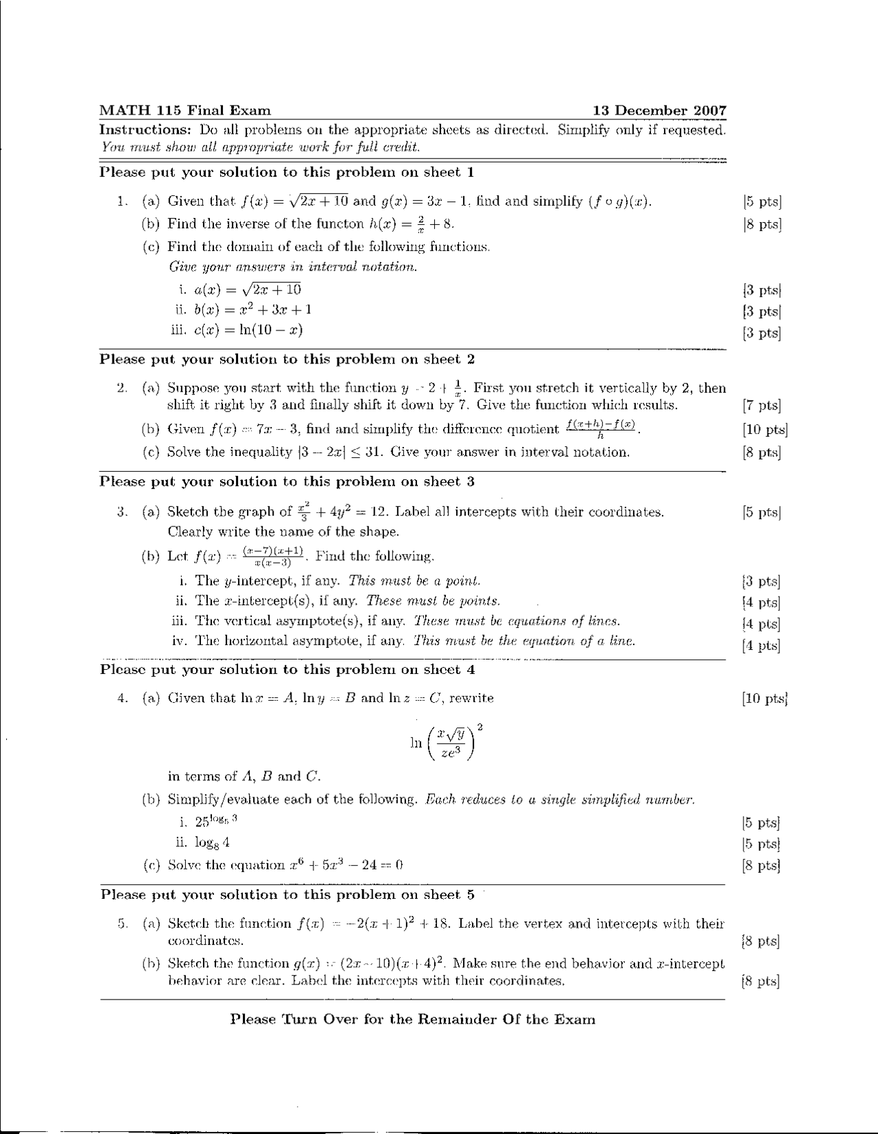 Precalculus - Final Exam Paper | MATH 115 | Exams Pre-Calculus | Docsity