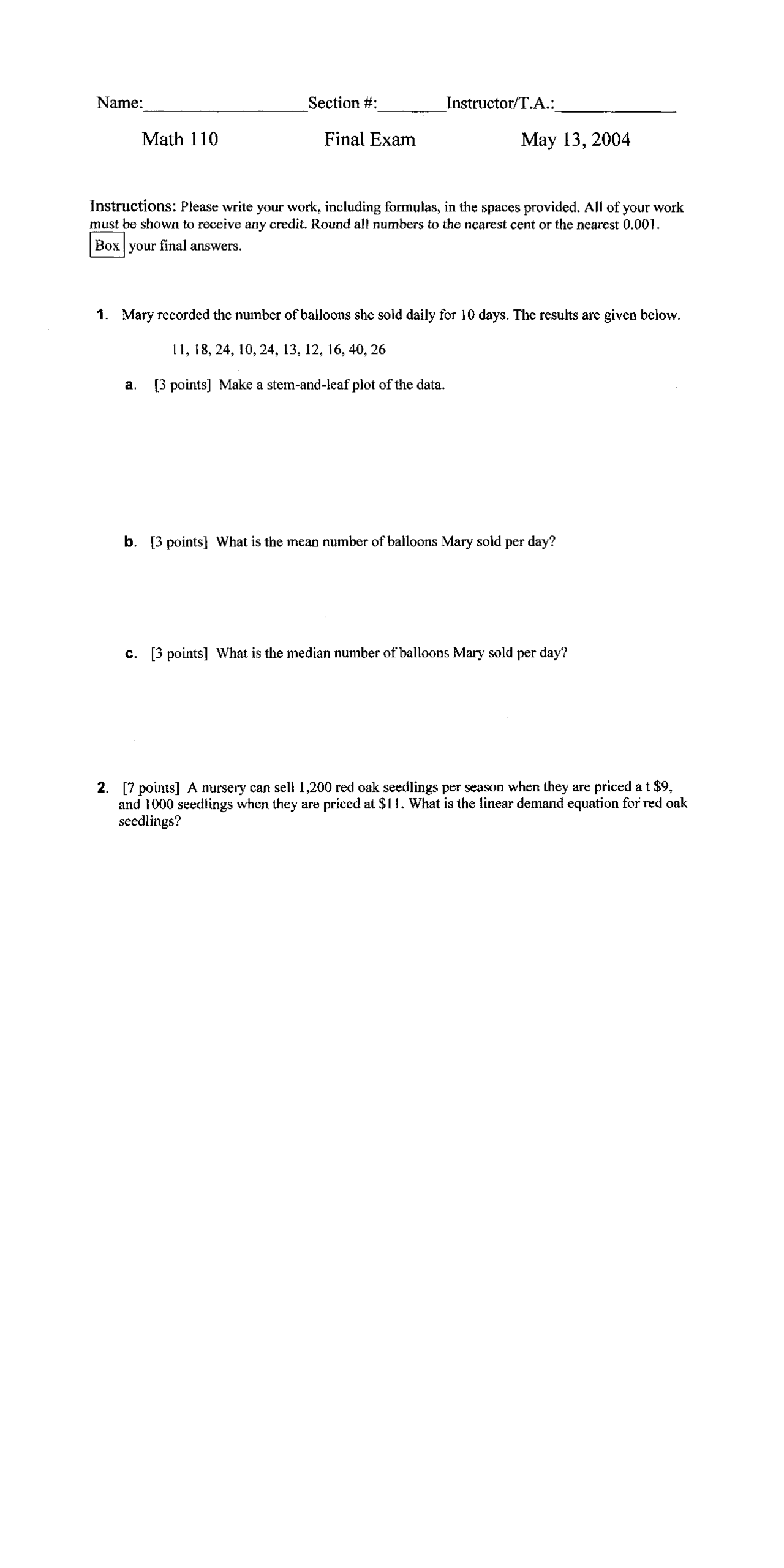 Final Exam Elementary Math Models Math 110 Docsity