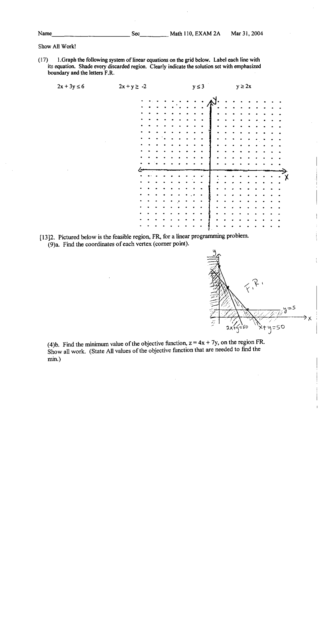 Exam 2 A Elementary Mathematics Models Fall 2004 Math 110 Docsity