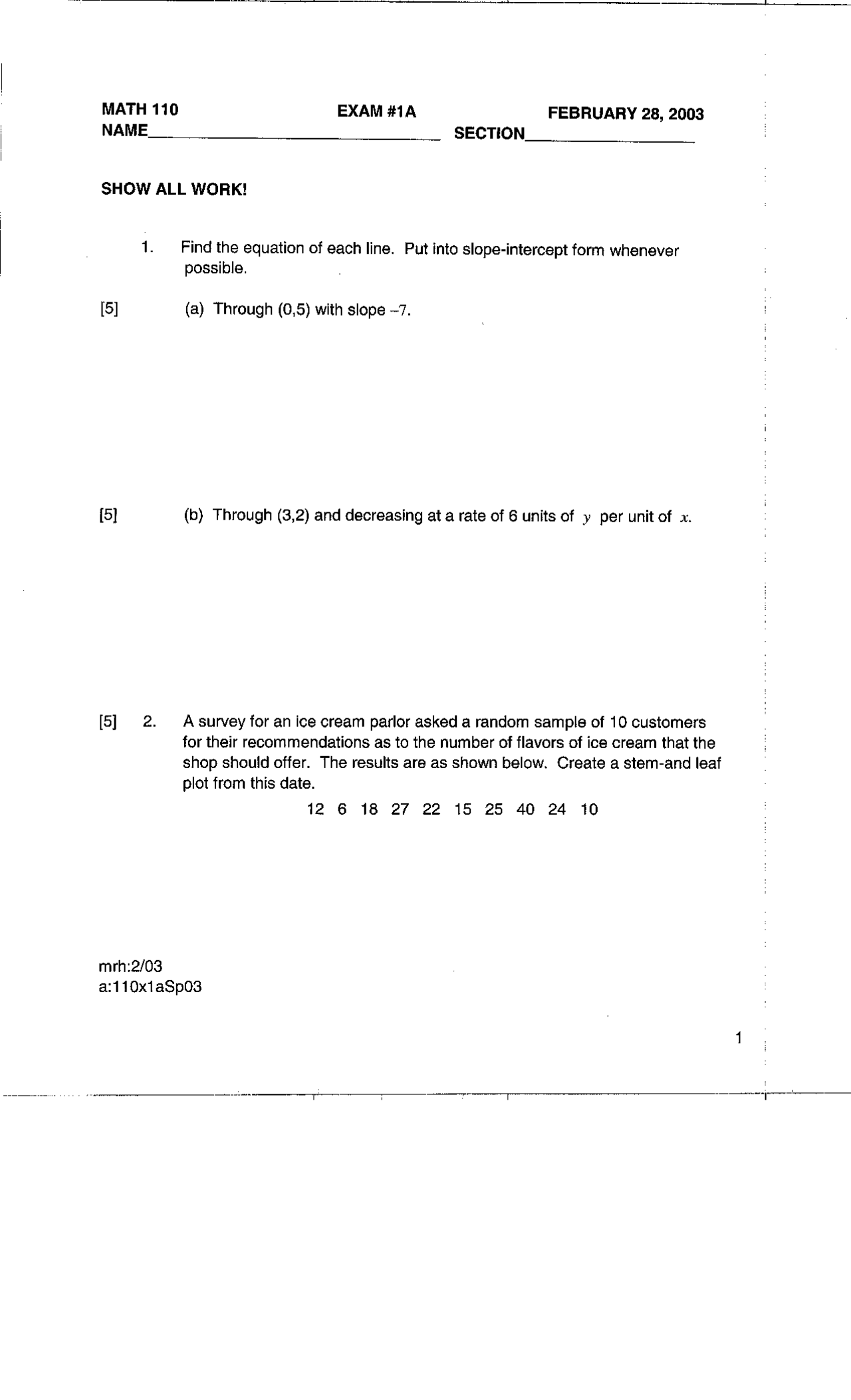 Exam 1 A Elementary Mathematics Models Fall 2003 Math 110 Docsity