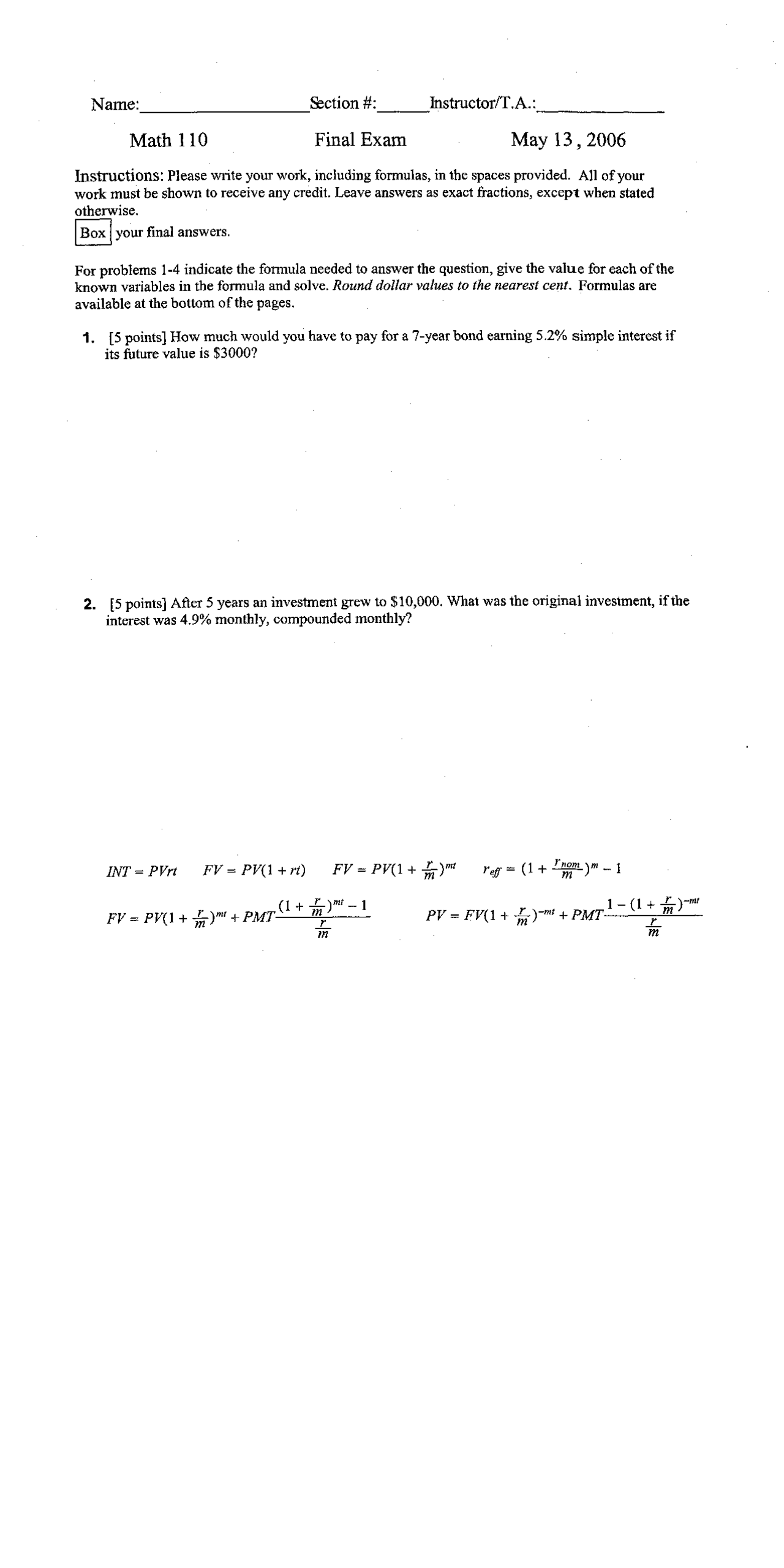 Logic And Mathematics Exam Elementary Math Models Math 110 Docsity