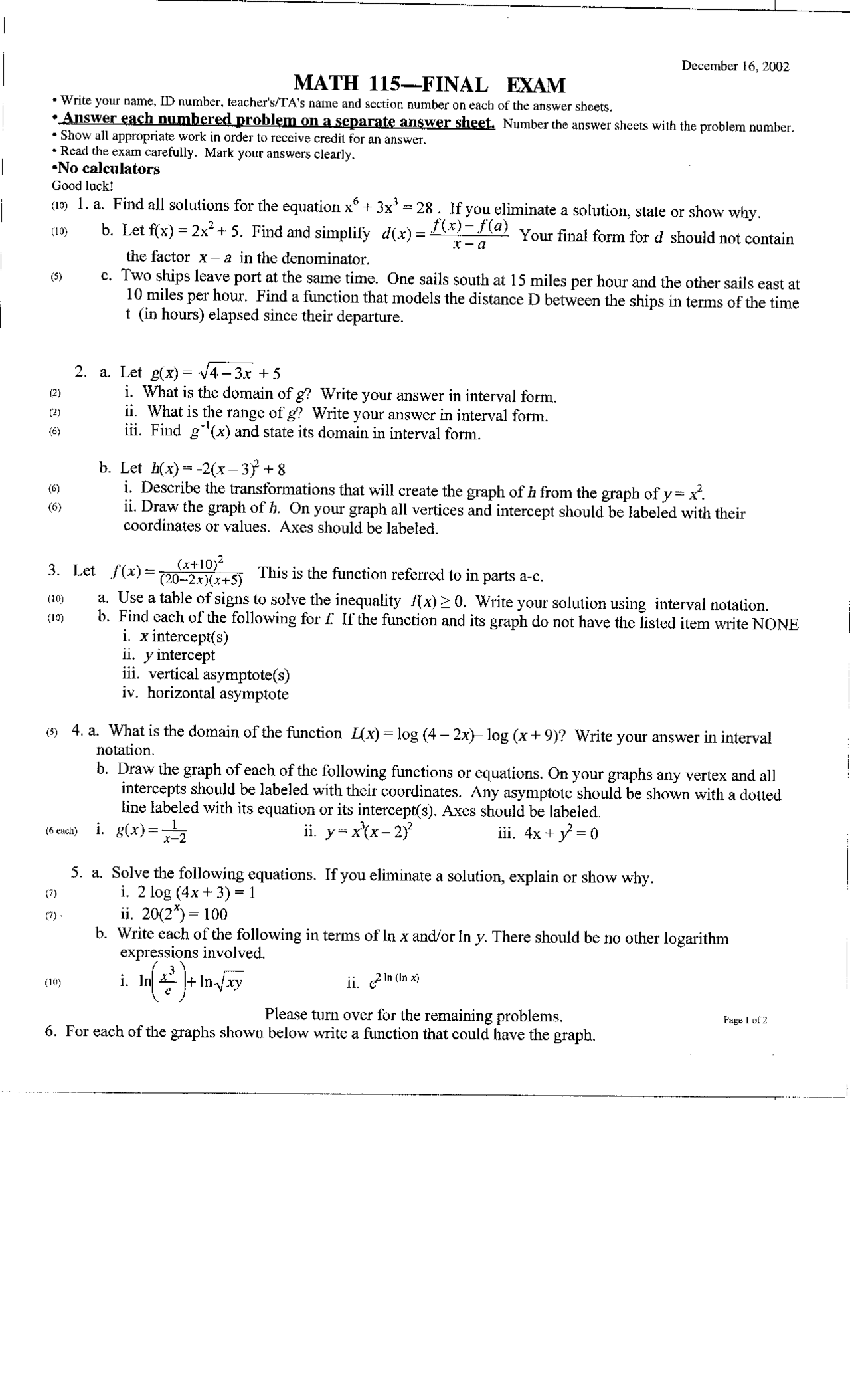 Final Exam with 9 Questions for Precalculus | MATH 115 | Exams Pre ...