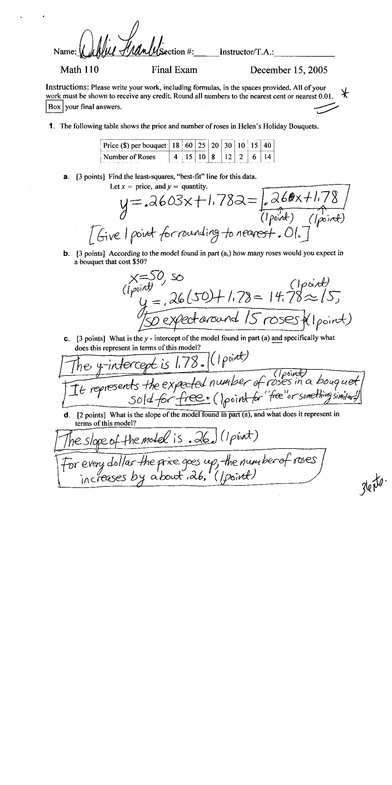 Final Solutions Elementary Mathematics Models 2005 Math 110 Docsity