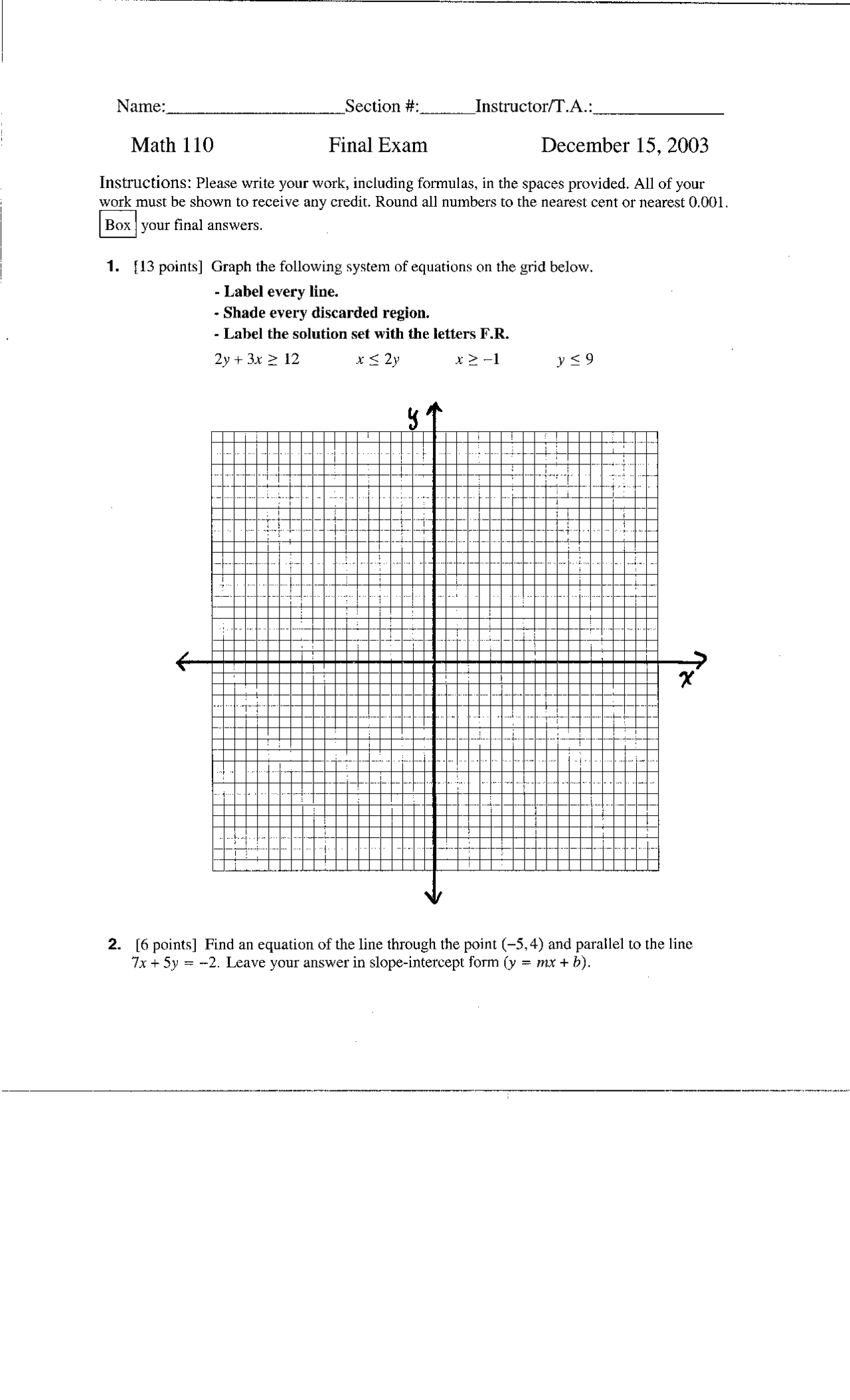 Final Exam Elementary Mathematics Models Fall 2003 Math 110 Docsity