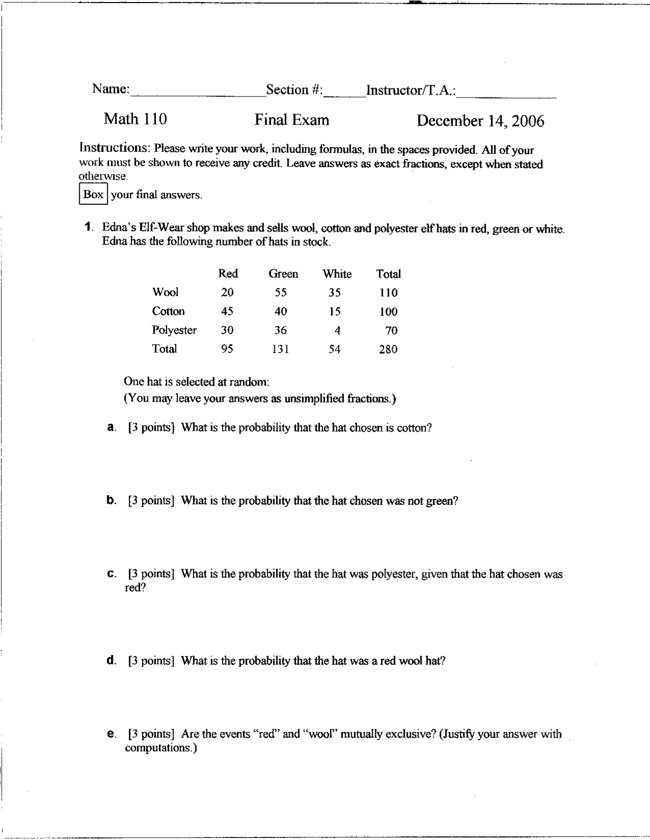 Elementary Mathematics Models Final Exam Math 110 Docsity
