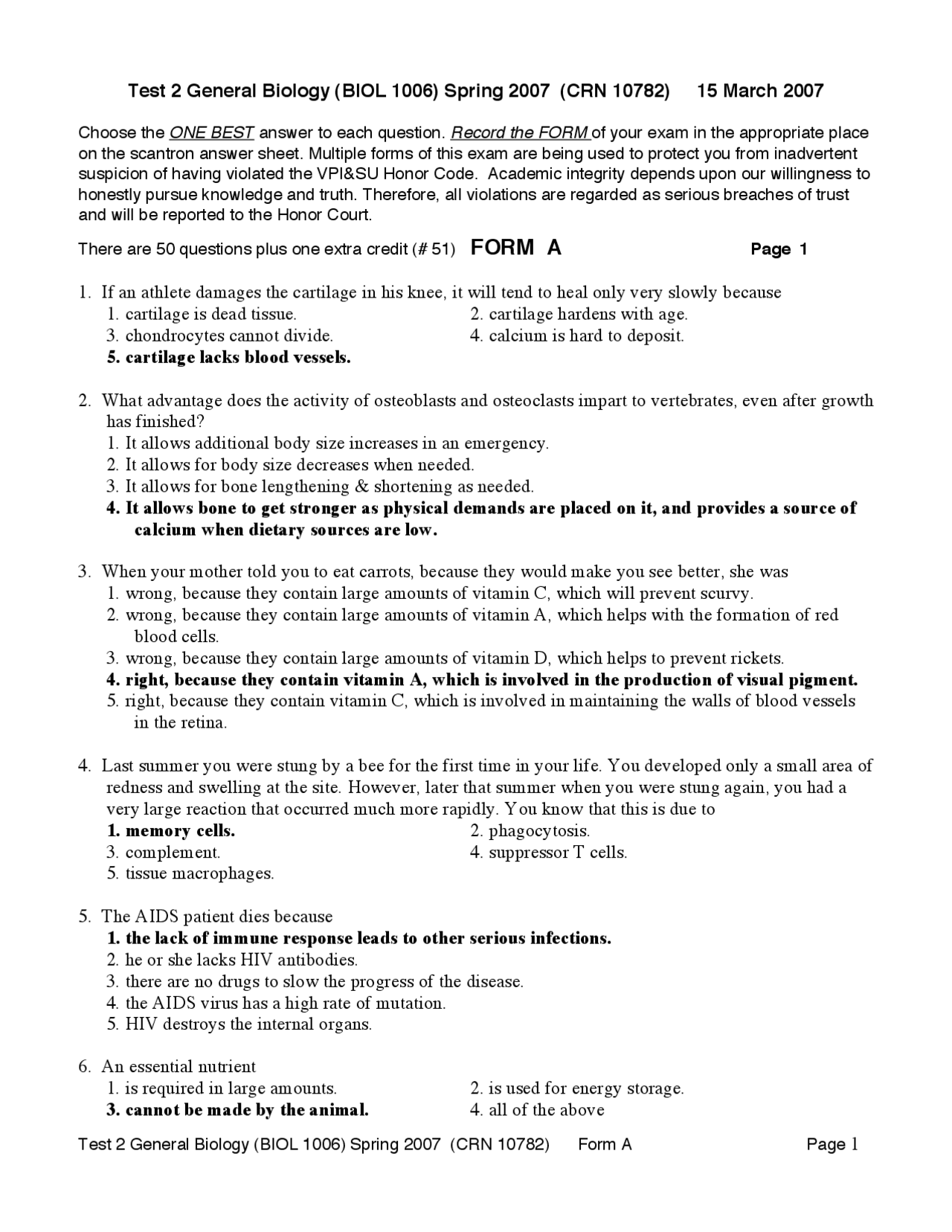 Test 2, Form A - General Biology - Spring 2007 | BIOL 1006 - Docsity