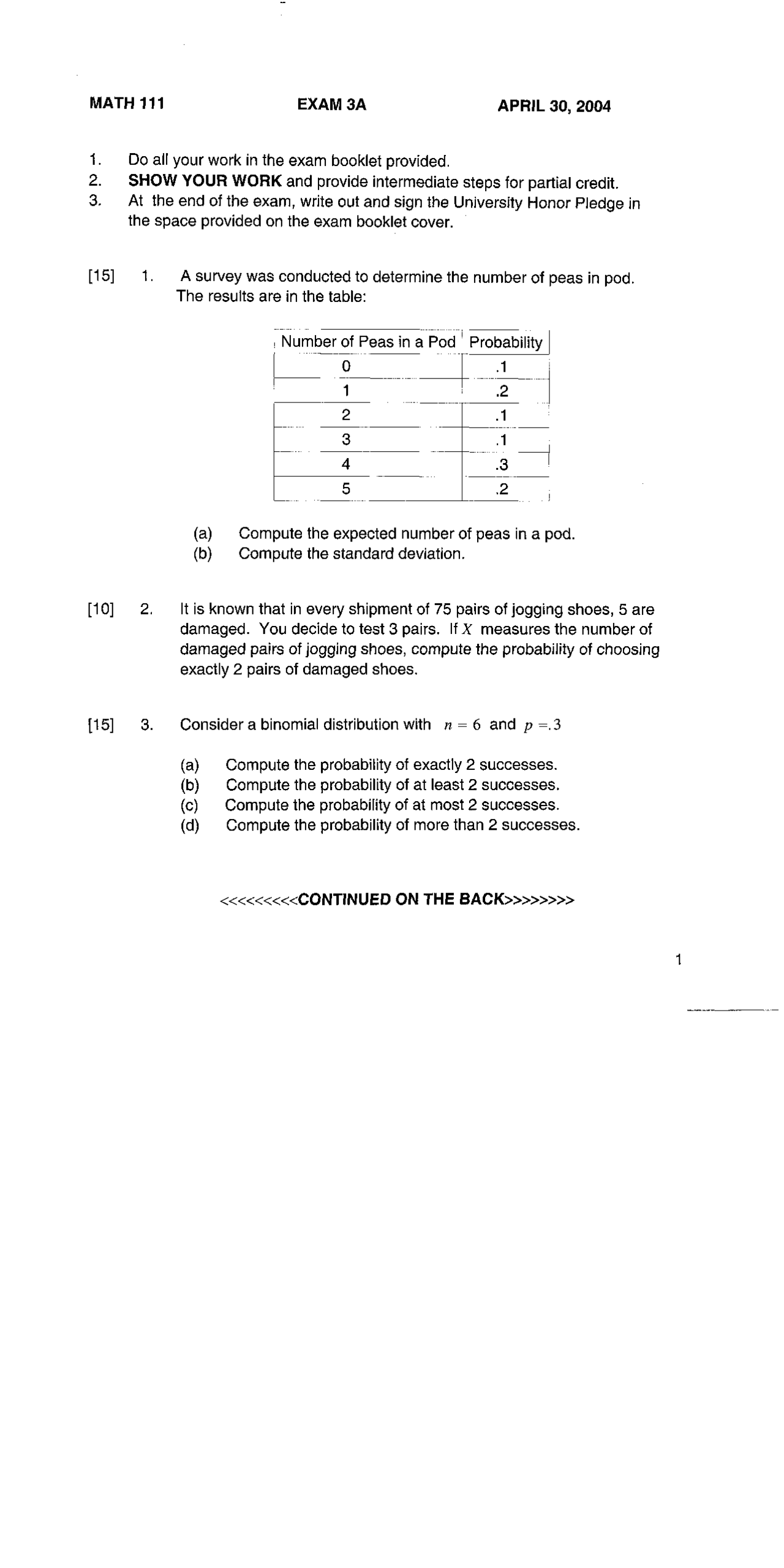 Exam 3A Fall 2004 - Introduction to Probability | MATH 111 - Docsity