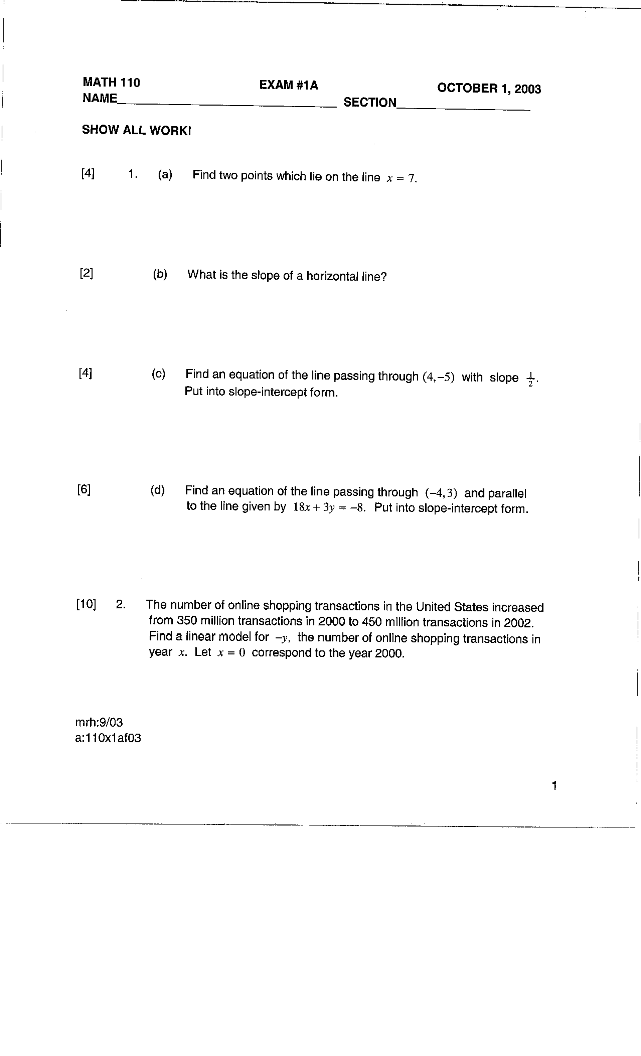 Exam 1 A With 7 Problems Elementary Mathematical Models Math 110