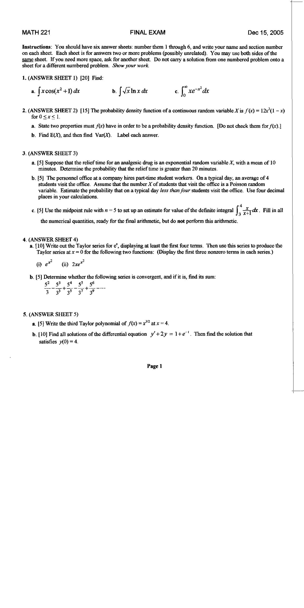 Final Exam Answer Sheet Elementary Calculus Ii 2005 Math 221