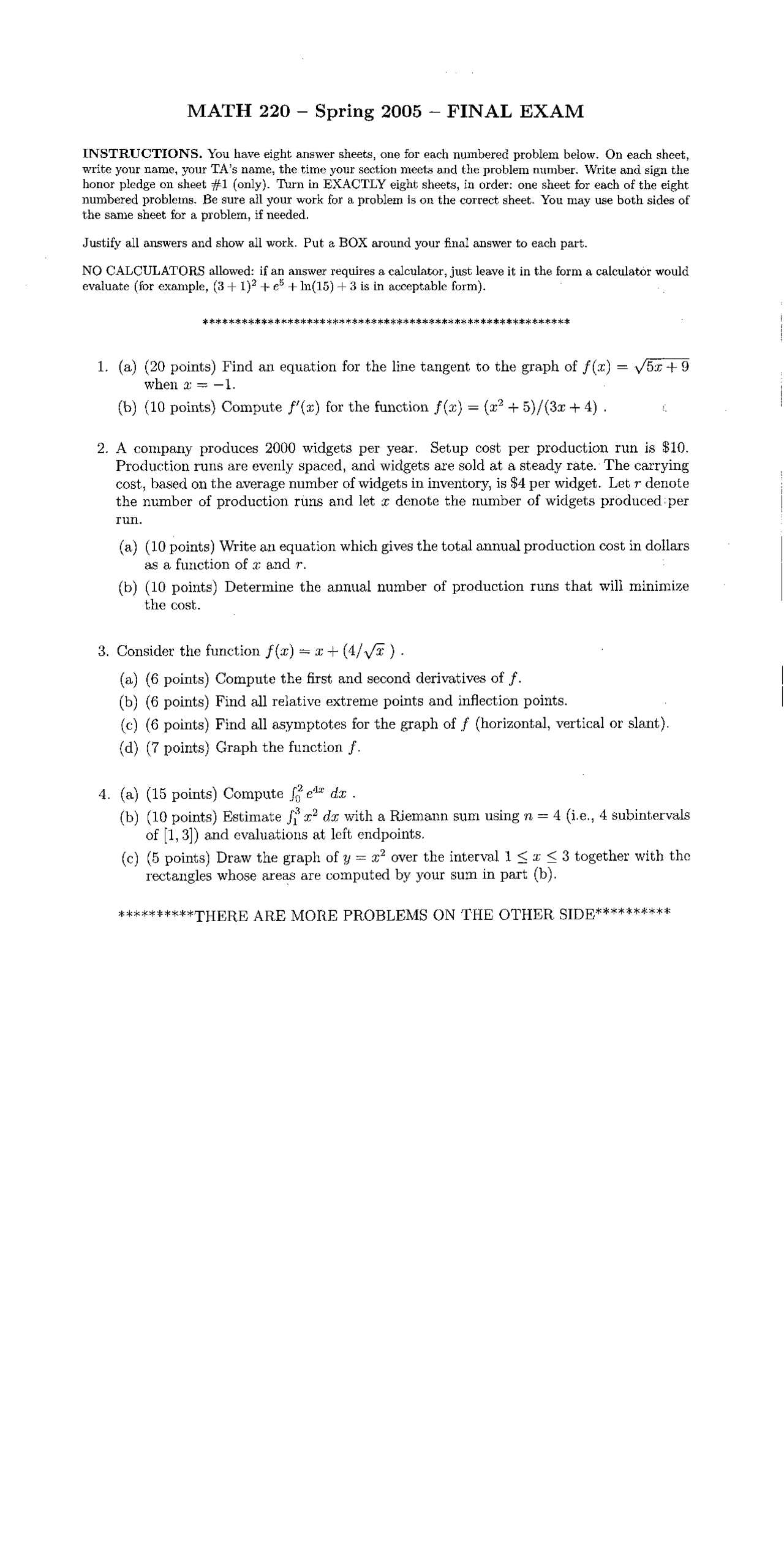 Mathematics Exam Function Analysis And Problems Math 220 Docsity