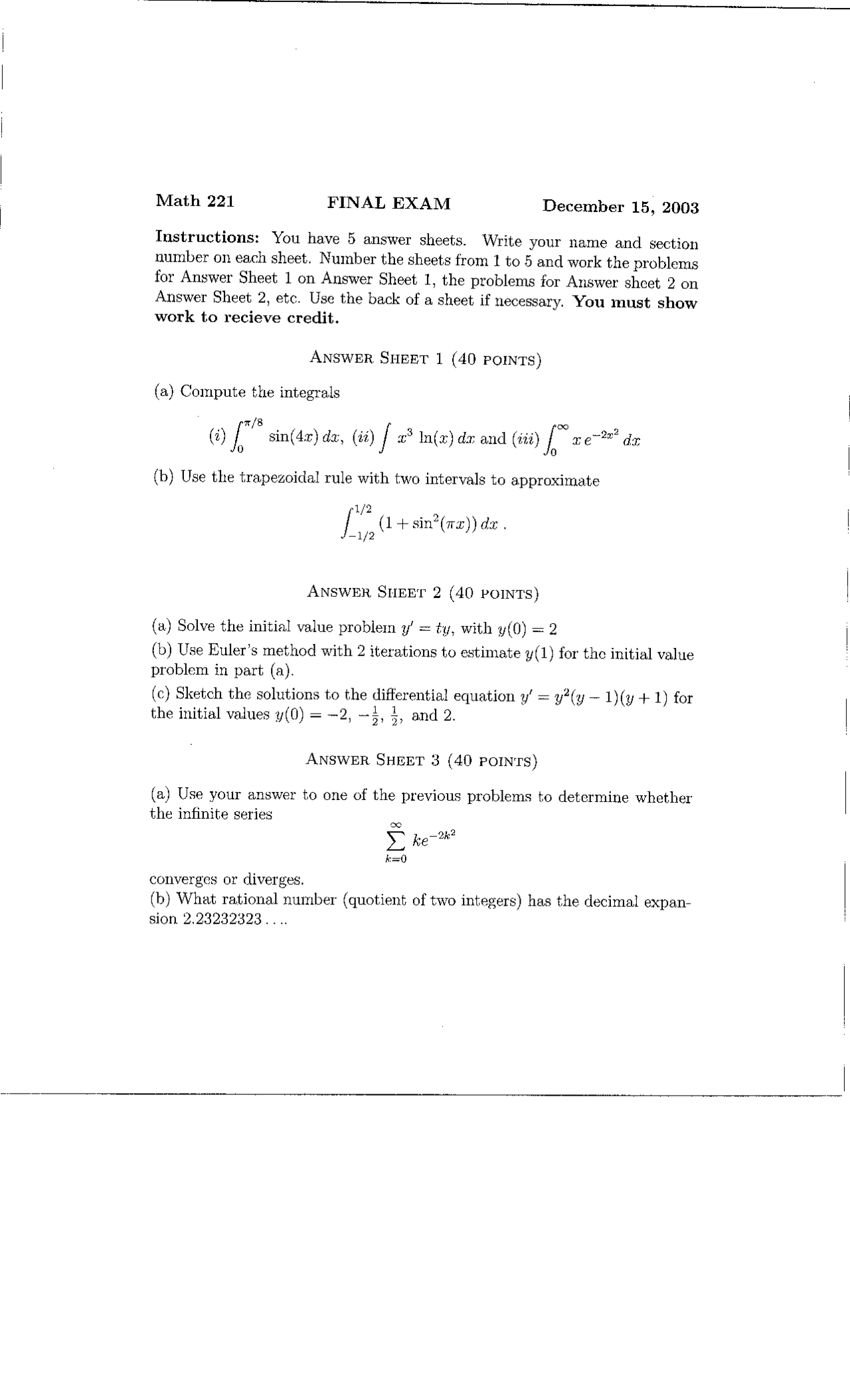 Solved Problems To Compute The Integrals Final Exam Math 221 Docsity