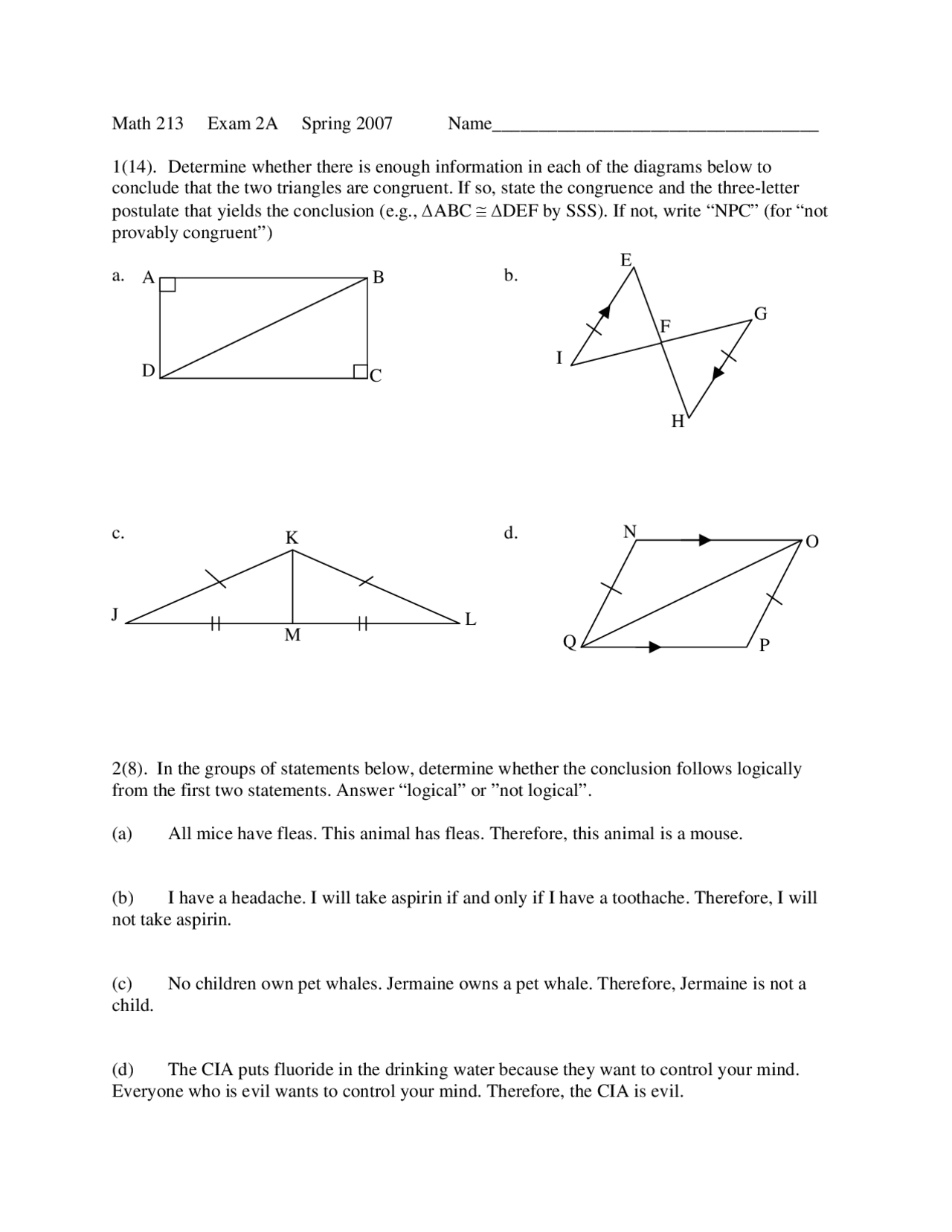 Exam 2 A With 7 Questions Elements Geometry And Measurement Math