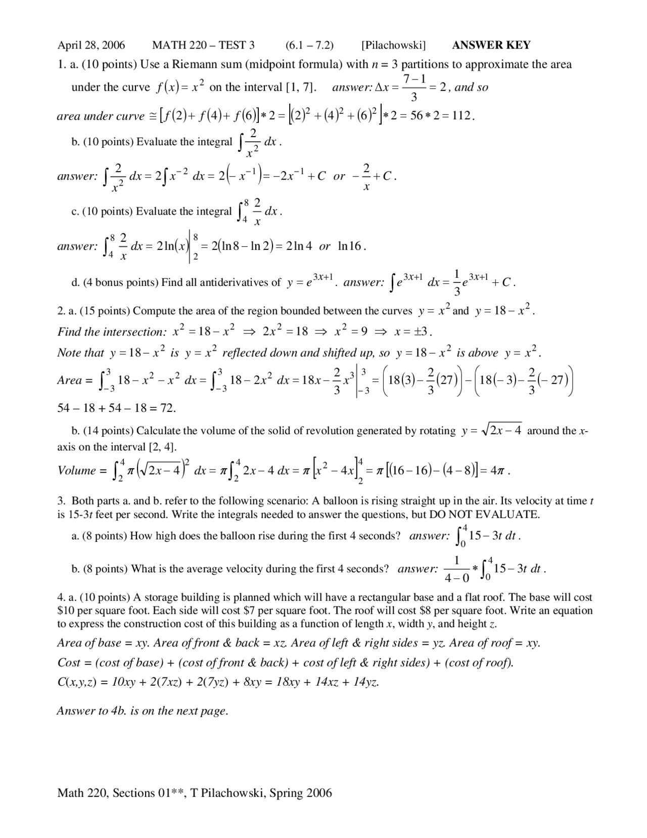 Test 3 With Answer Key Elementary Calculus I Math 220 Docsity
