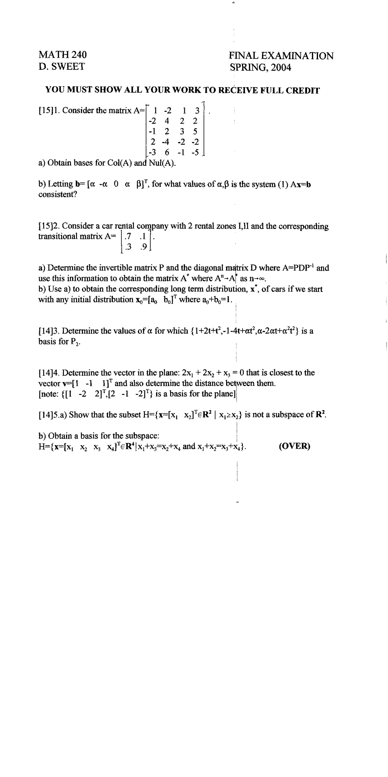 Final Examination Questions Introduction To Linear Algebra Math 240