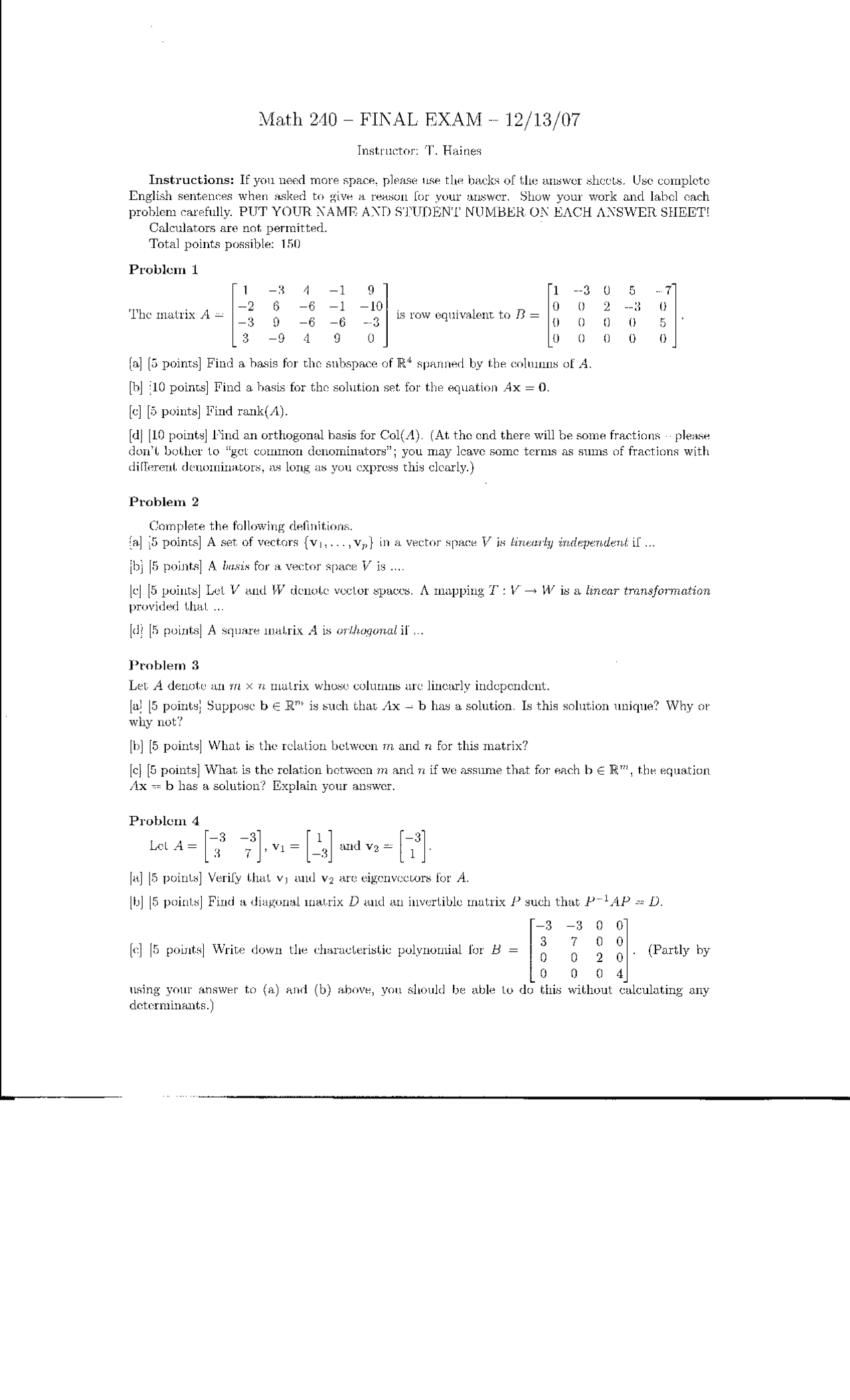Final Exam Introduction Linear Algebra Math 240 Docsity