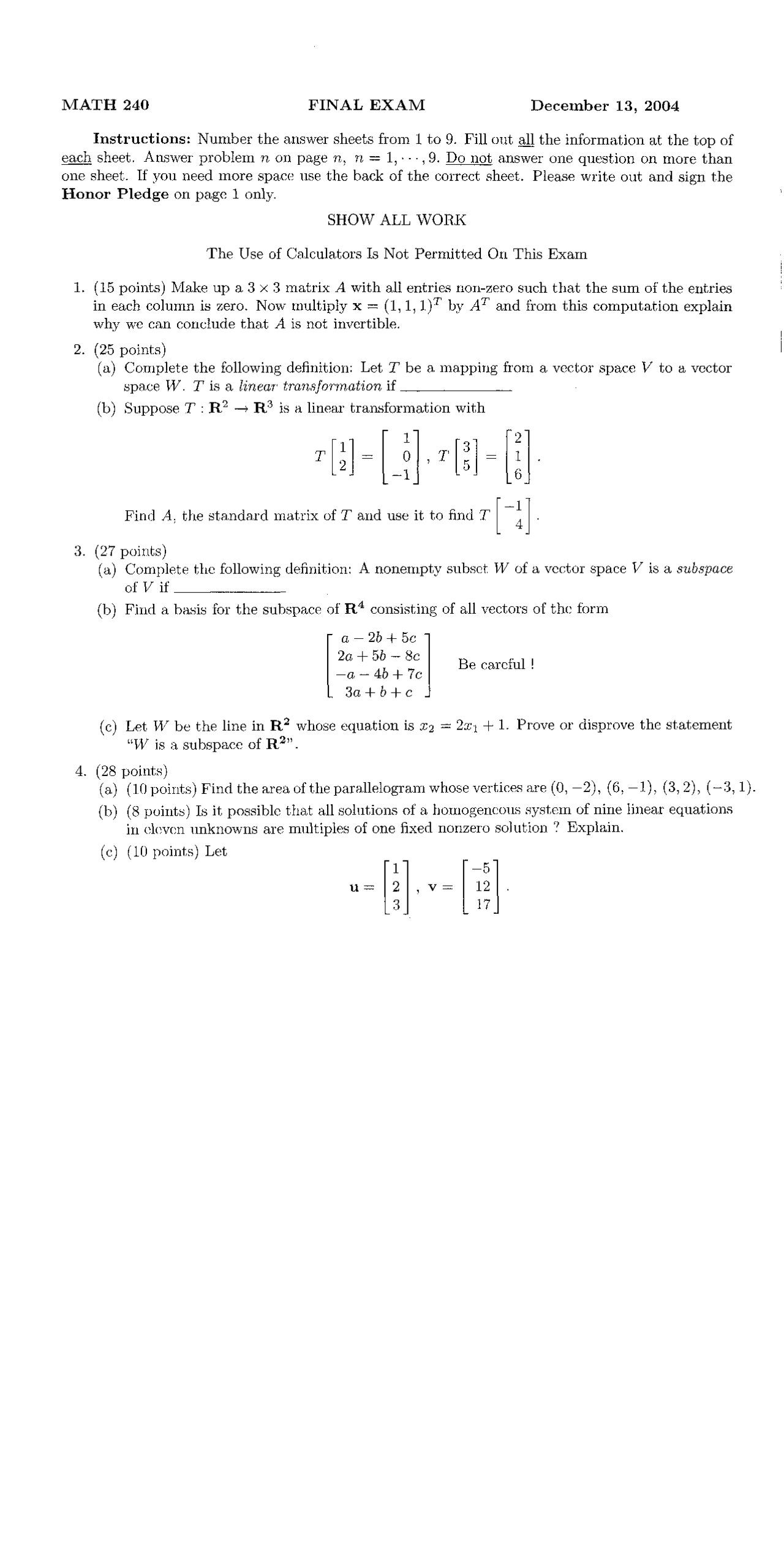 9 Questions For Final Exam Introduction Linear Algebra Math 240