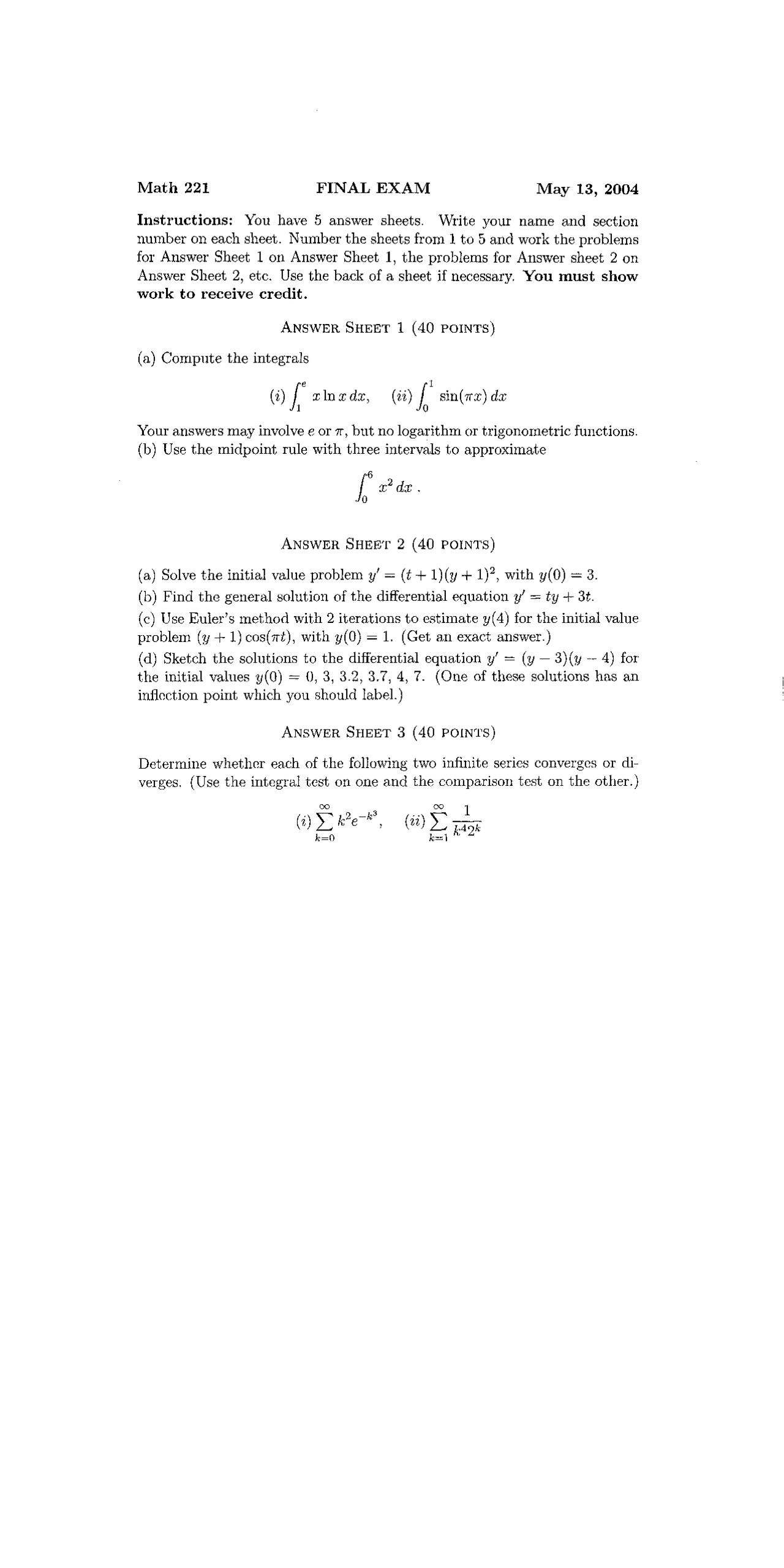Final Exam With Different Answer Sheet Elementary Calculus Ii Math