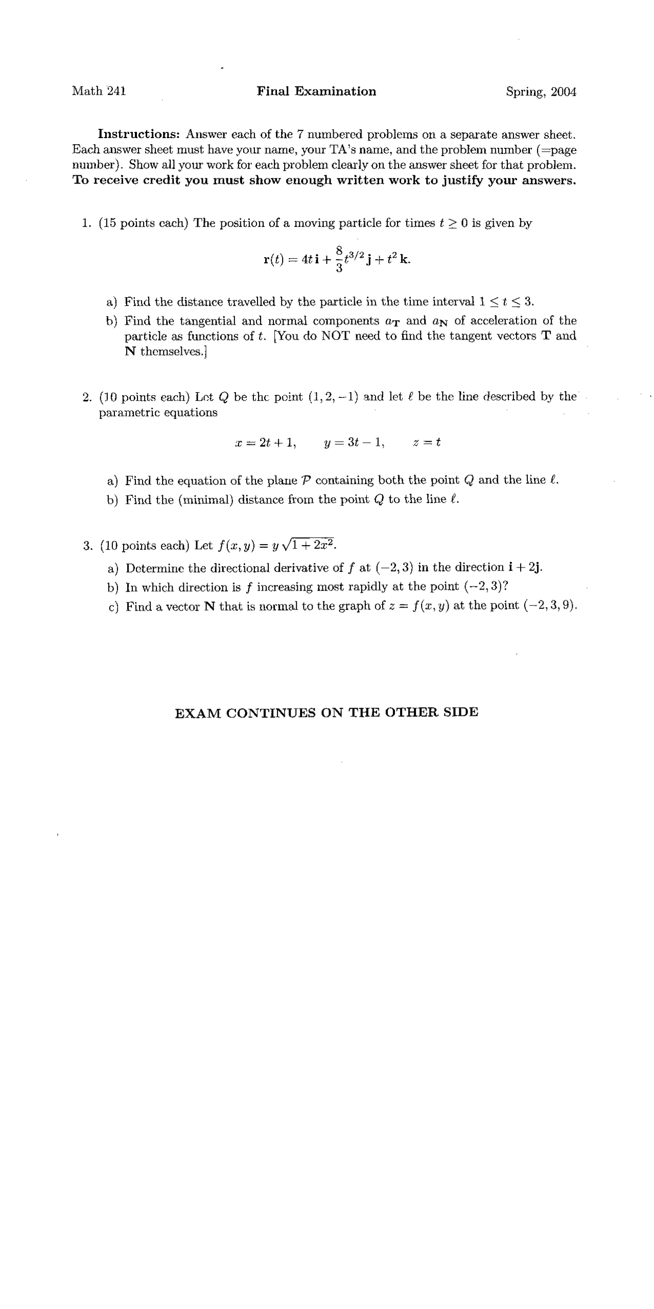 Practice Final Exam Calculus Iii Math 241 Docsity