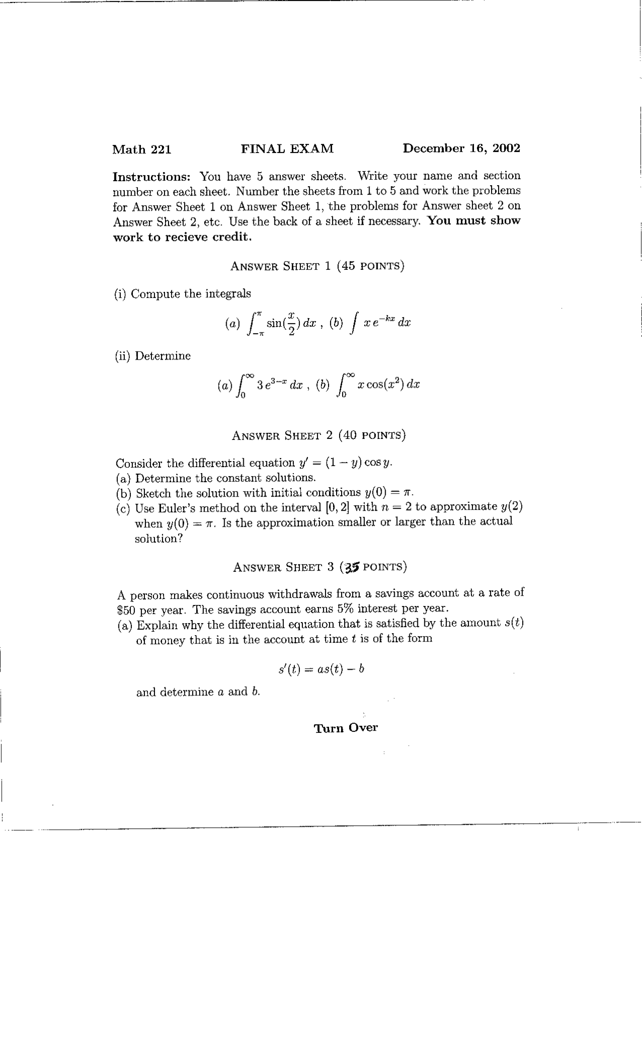 Final Exam For Elementary Calculus Ii Math 221 Docsity