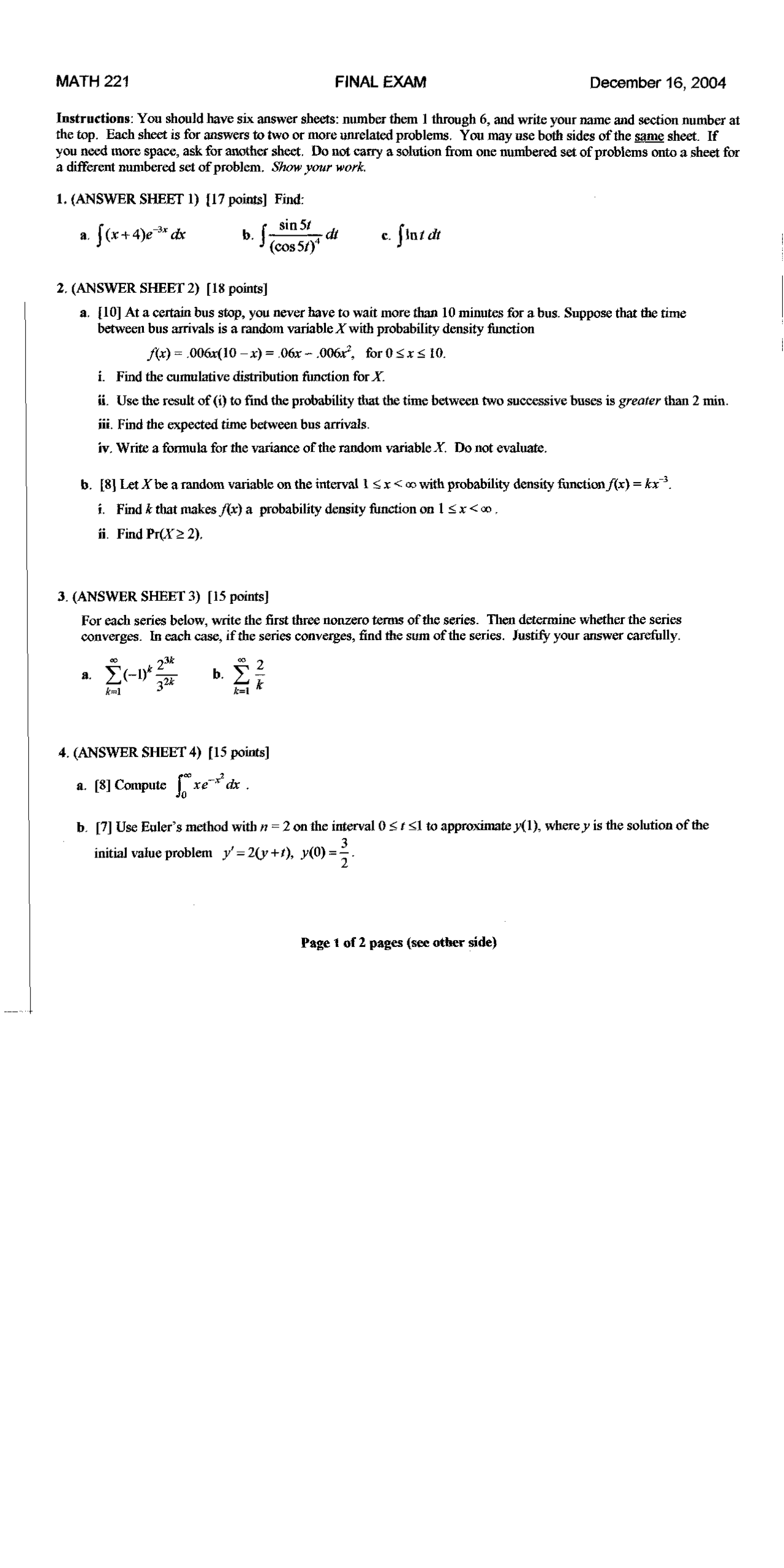Elementary Calculus II - Final Exam Answer Sheet | MATH 221 - Docsity