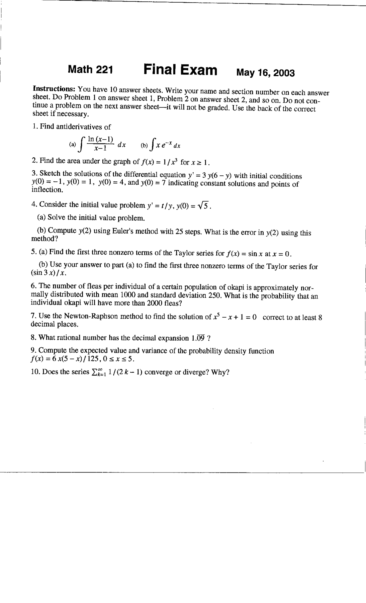 Final Exam With 10 Questions Elementary Calculus Ii 2003 Math 221