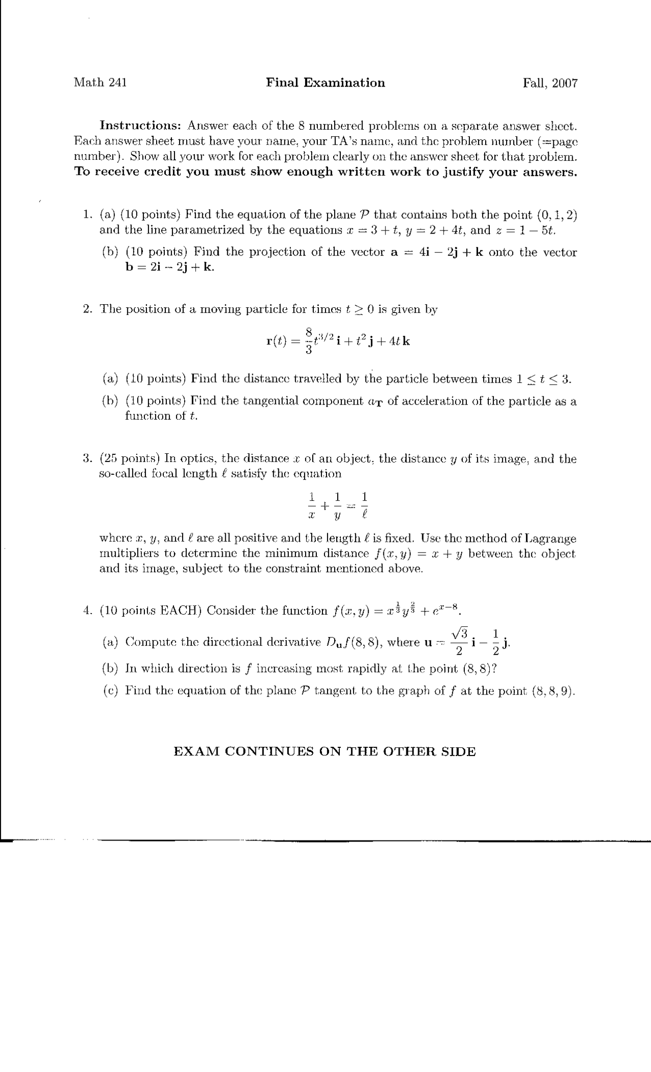 Final Exam Practice Problems On Calculus Iii Math 241 Docsity