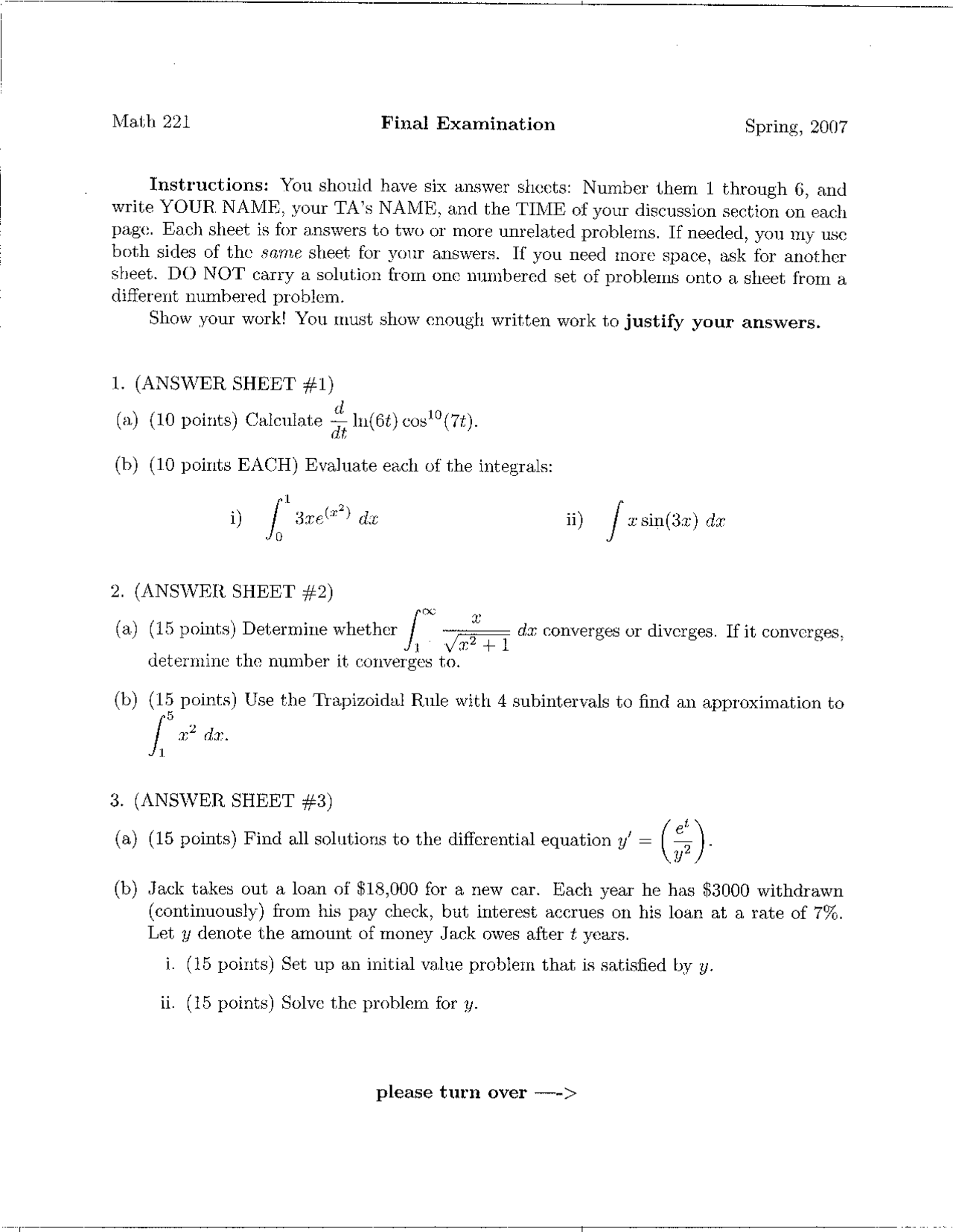 Final Examination Elementary Calculus I Spring 2007 Math 221