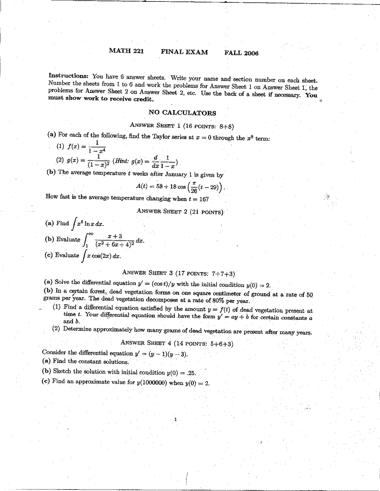 Final Exam Answer Sheet Elementary Calculus Ii Fall 2006 Math 221