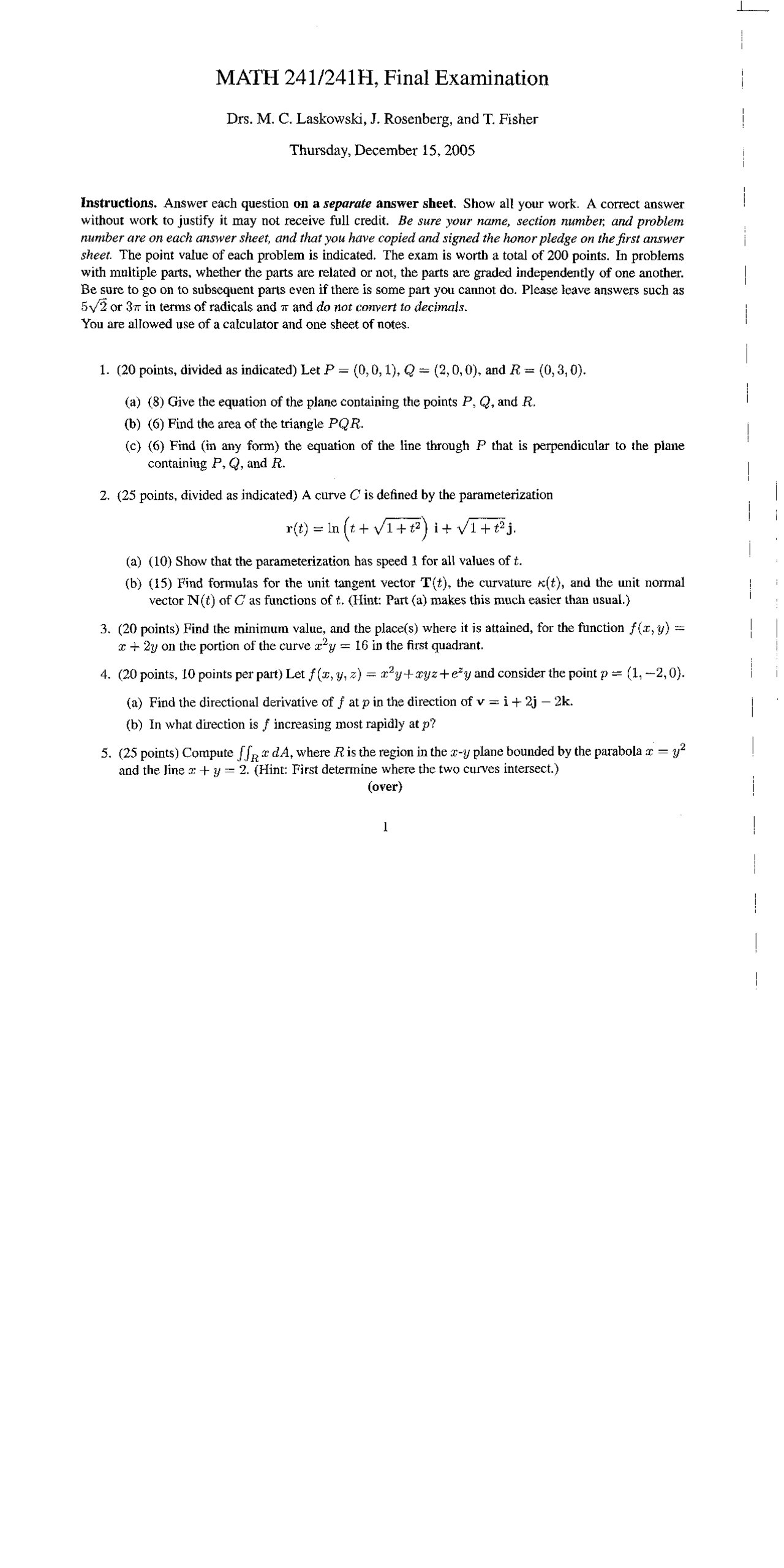 8 Questions on Calculus III for Final Exam | MATH 241 - Docsity