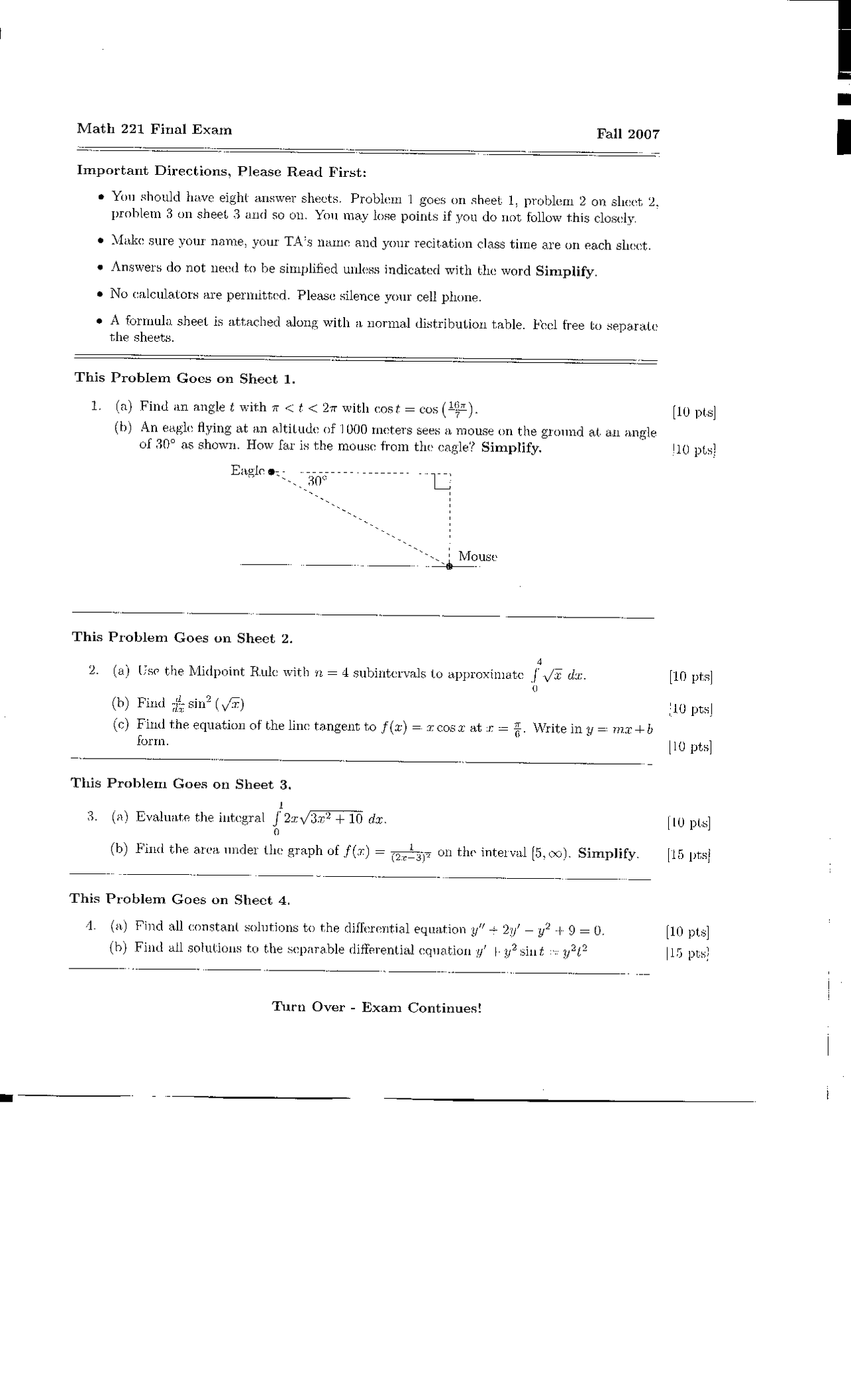 Final Exam Elementary Calculus Ii Fall 2007 Math 221 Docsity
