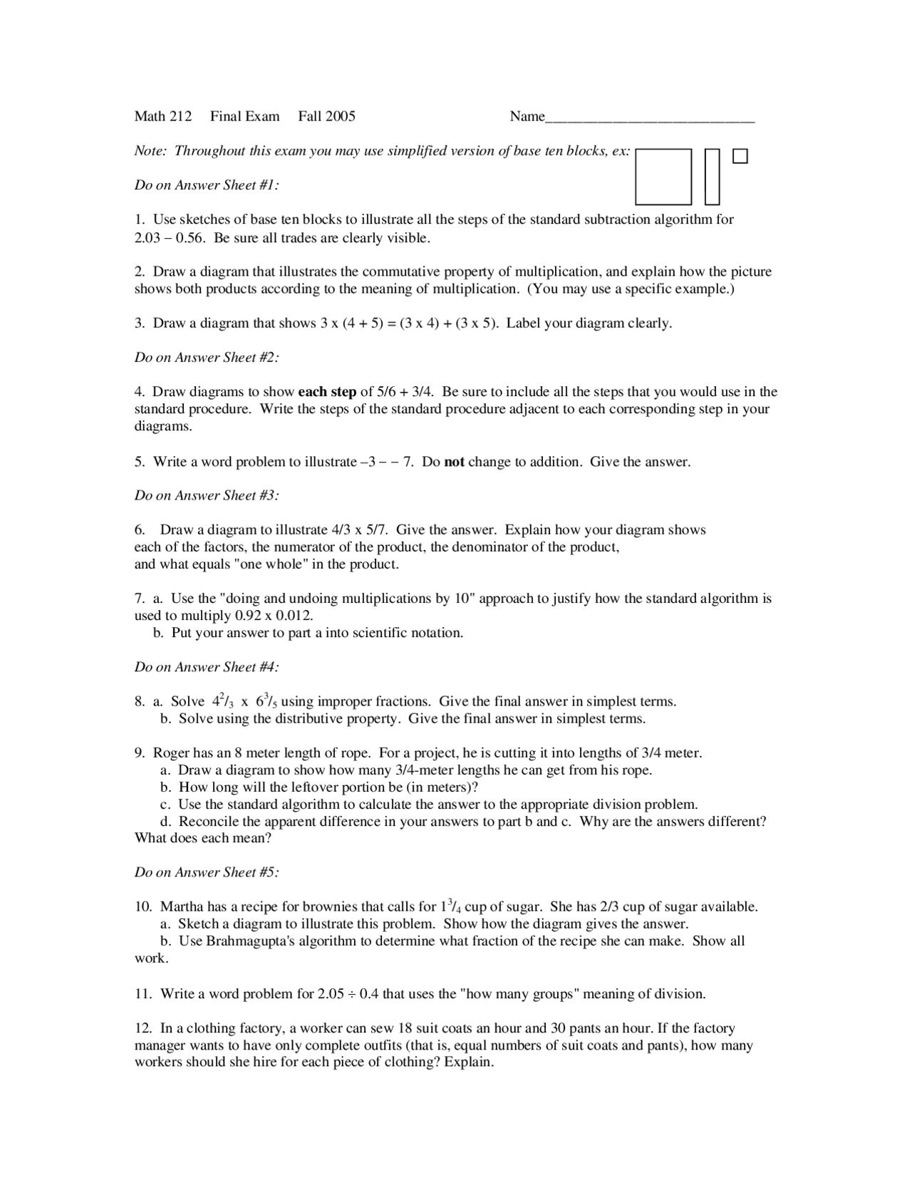 Final Exam Answer Sheet Elements Numbers And Operations Fall 2005